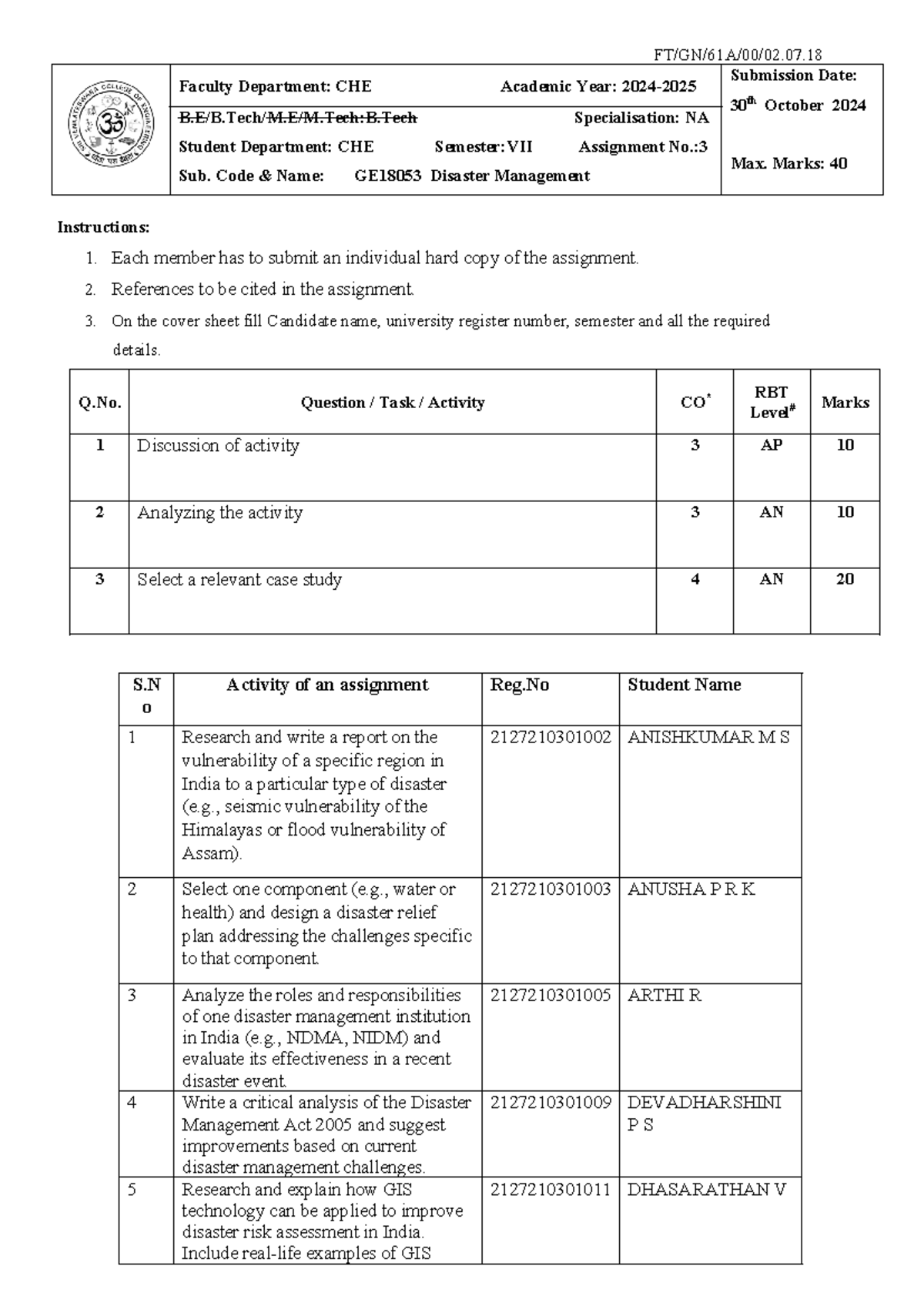GE18053 Assignment 3 - Disaster Management Activity Overview - Studocu