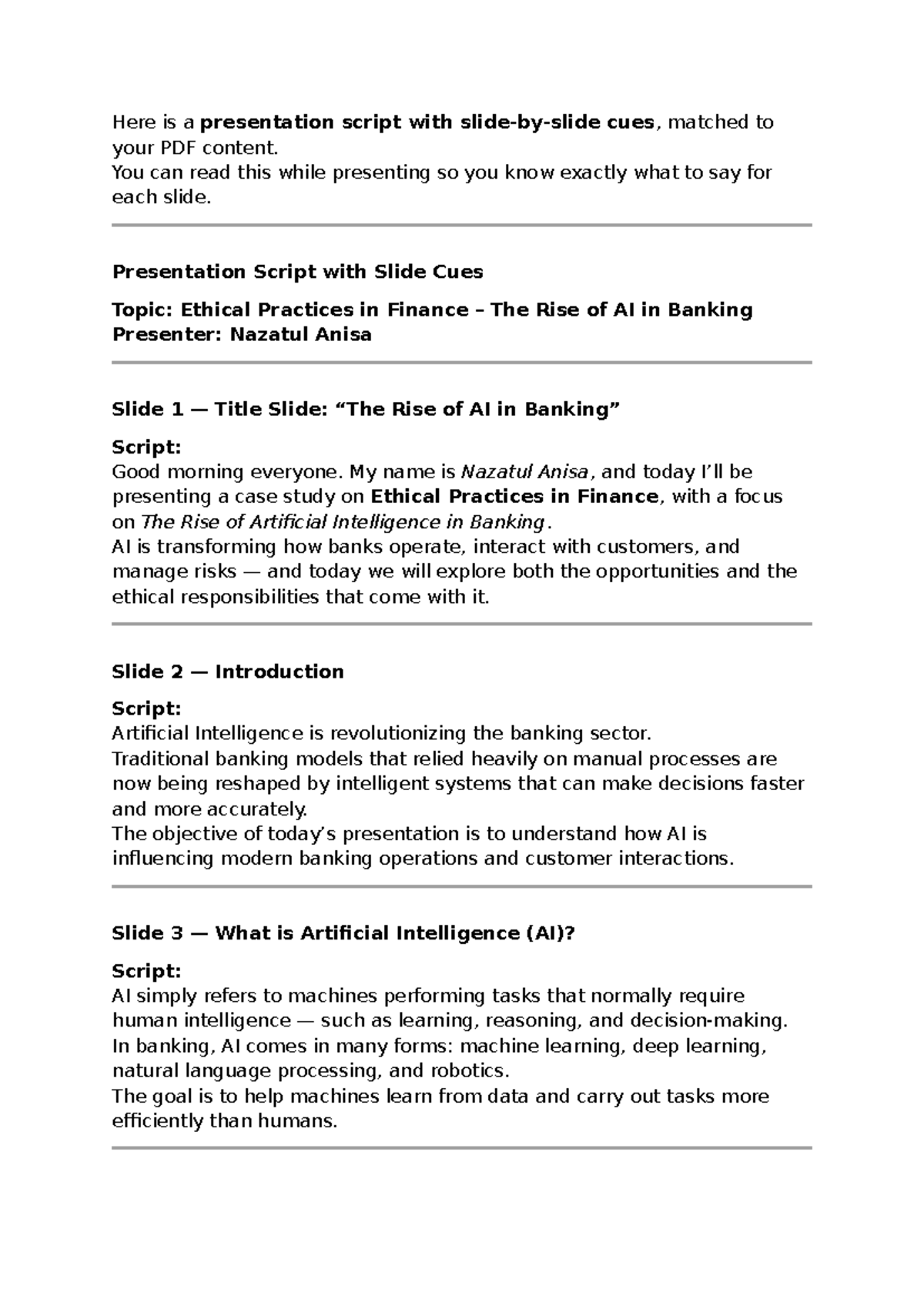 Presentation Script: Ethical Practices in Finance (AI in Banking) - Studocu