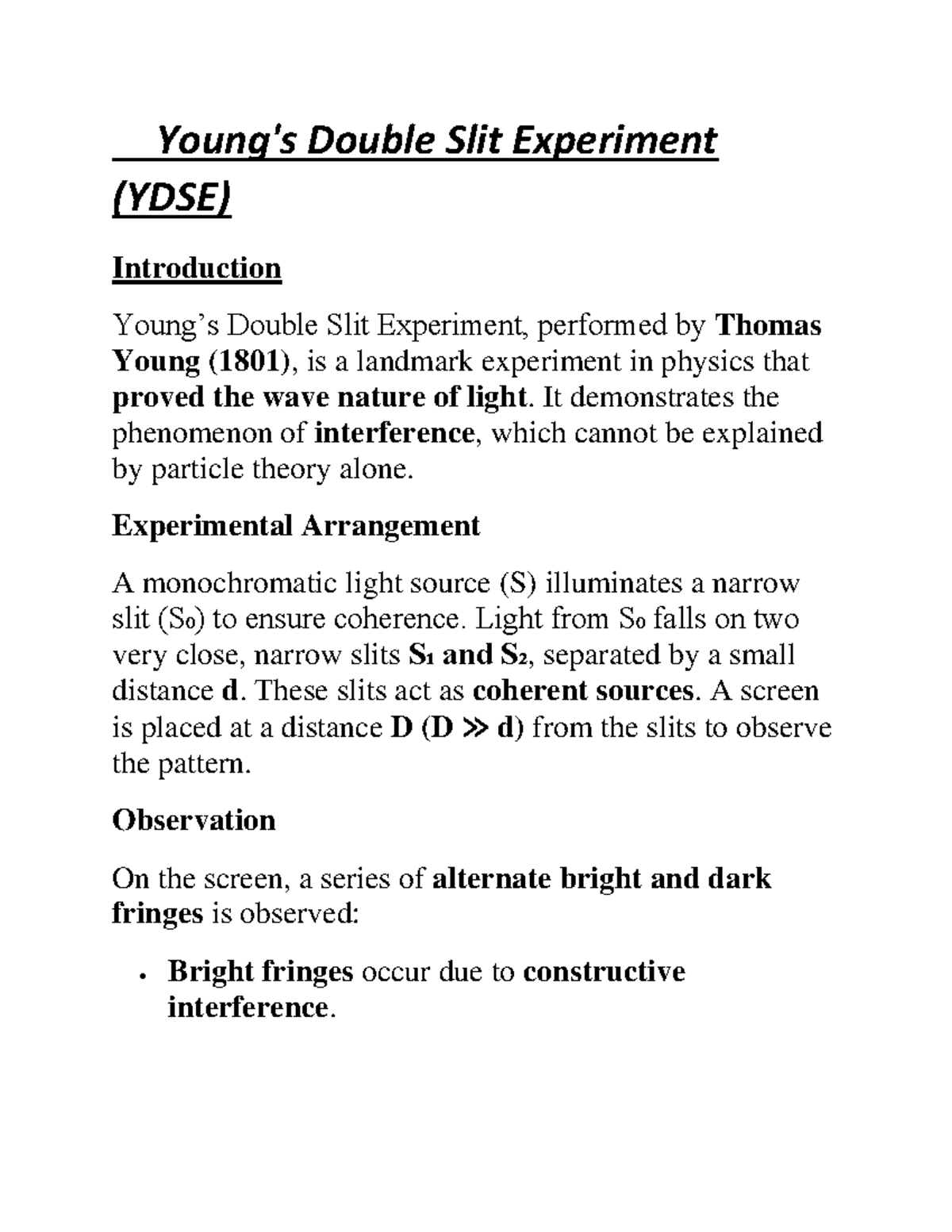 Double Slit Experiment (YDSE) Overview and Analysis - Studocu