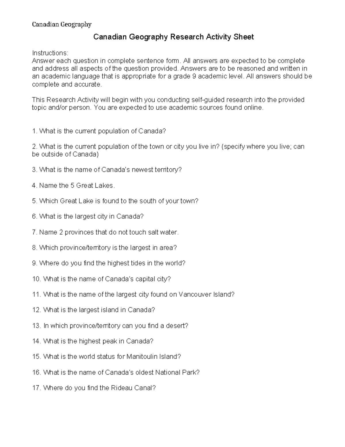 Canadian Geography Research Activity - Grade 9 Academic Level - Studocu