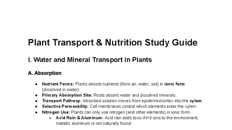 Plant Transport & Nutrition Study Guide I: Water & Mineral Transport ...