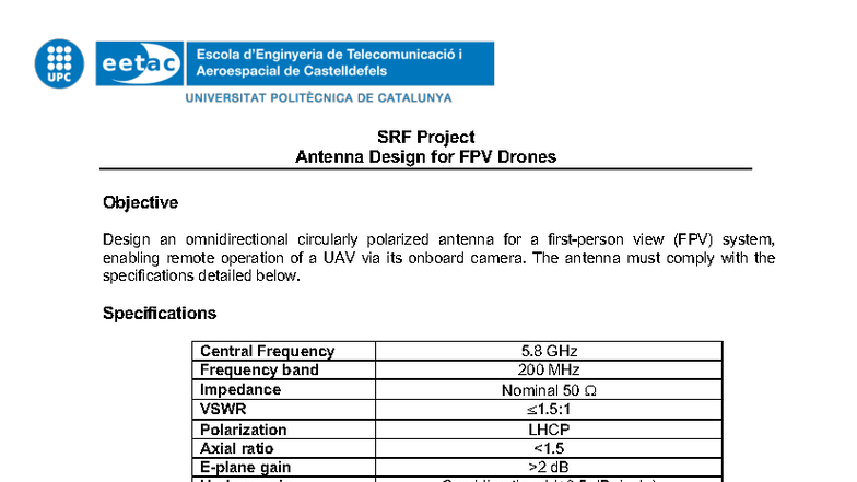 SRF Project: Antenna Design for FPV Drones - Fall 2025 - Studocu