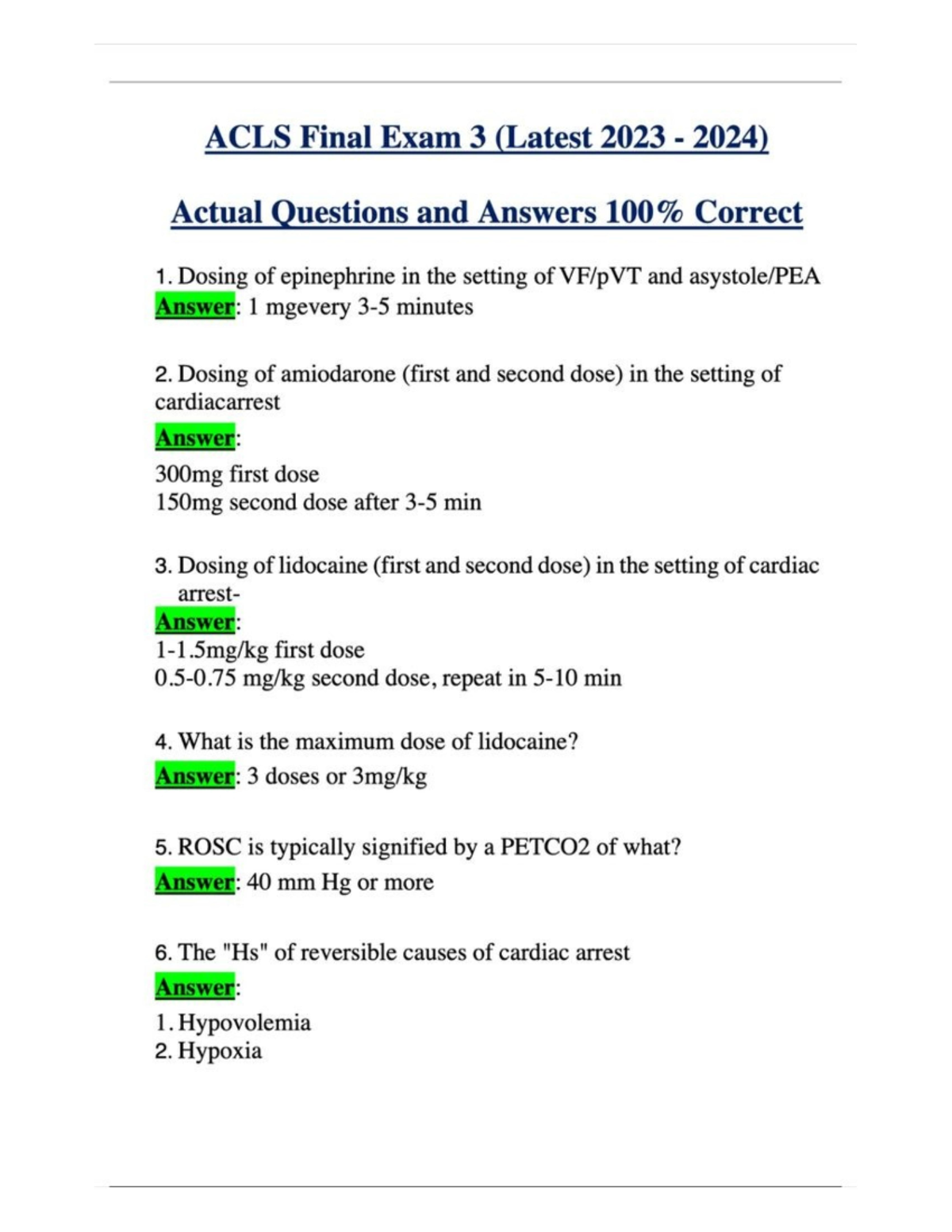 Acls Final Exam Actual ACLS Questions To Pass Advanced Cardiac Life