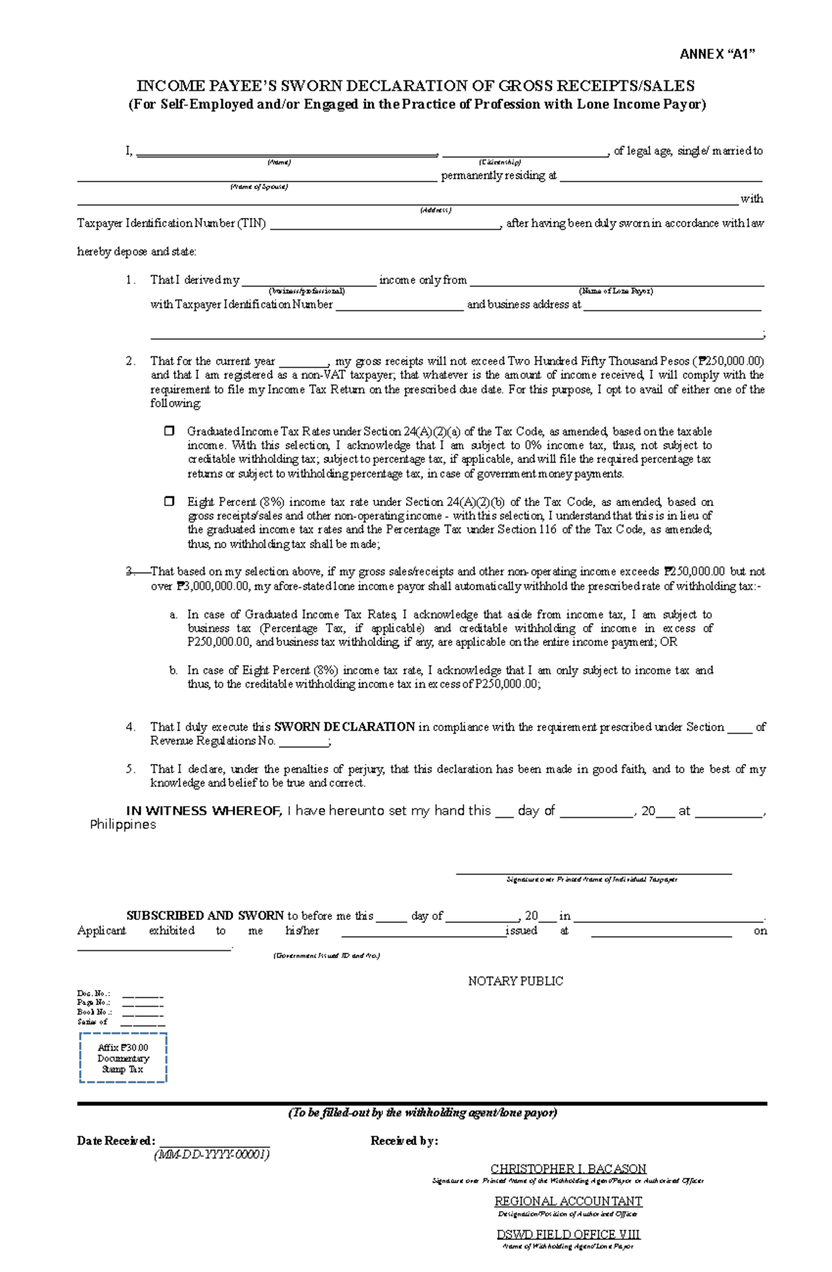 Income Payee's Sworn Declaration (Annex A1) - Gross Receipts/Sales Form ...