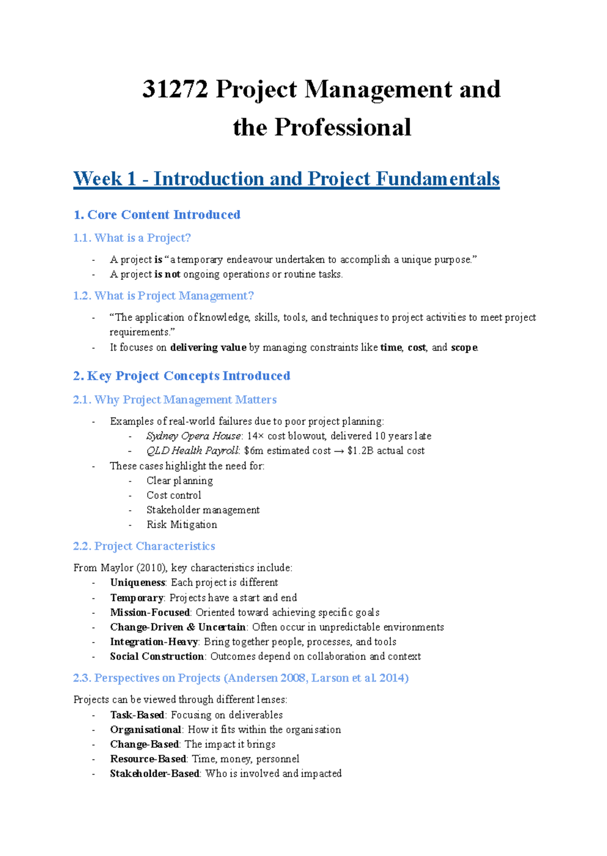 31272 PMP Week 1: Intro to Project Management Fundamentals - Studocu