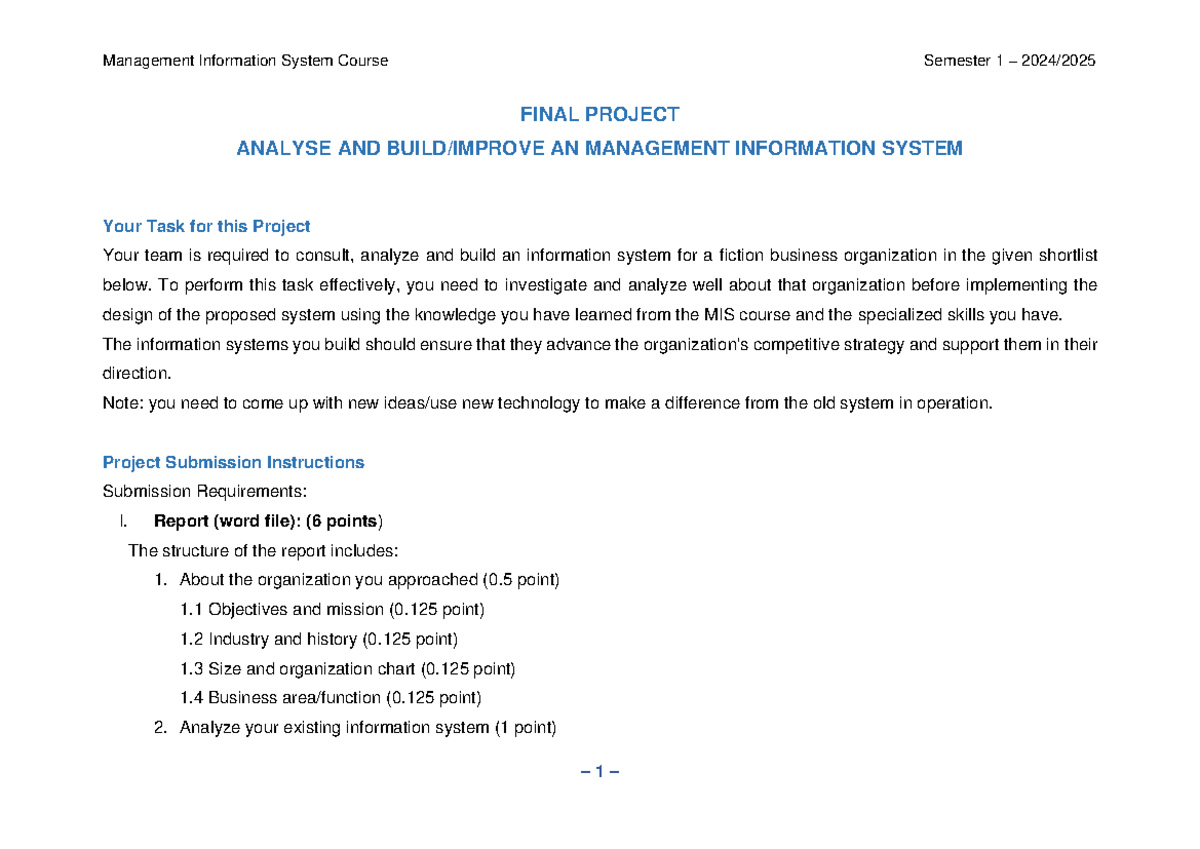 MIS Project - Building an Advanced Management Information System - Studocu
