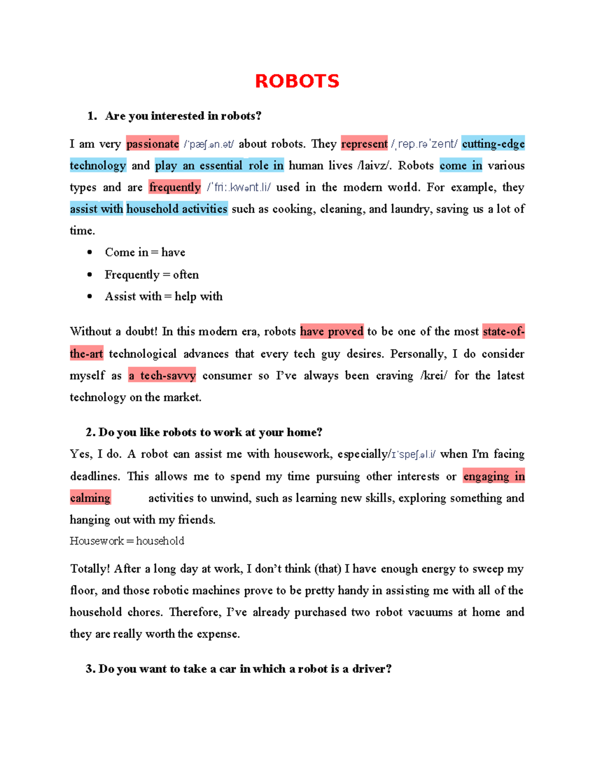 ENG 101: Speaking Part 1 - The Role of Robots in Daily Life - Studocu