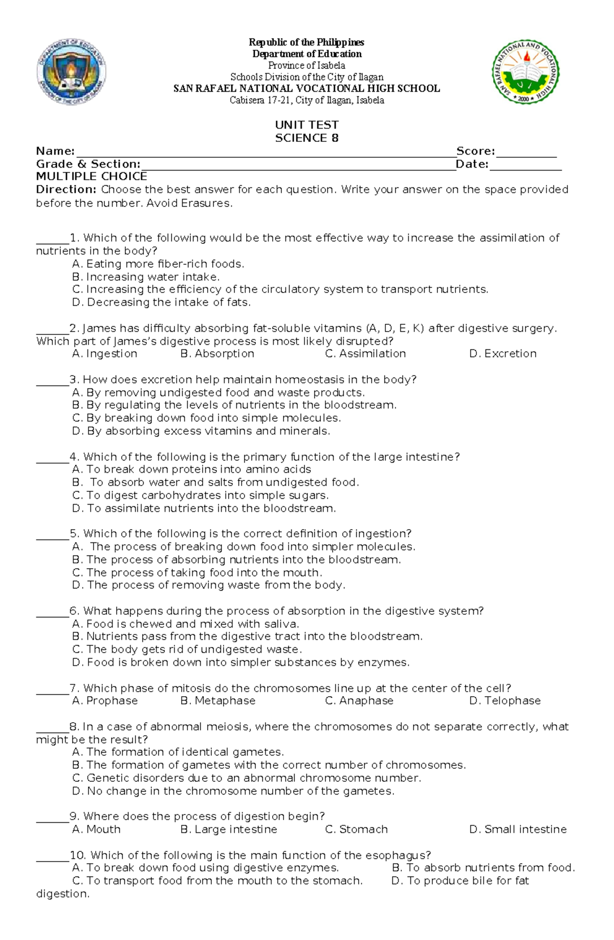 G8 SCIENCE UNIT TEST: MULTIPLE CHOICE QUESTIONS - Studocu