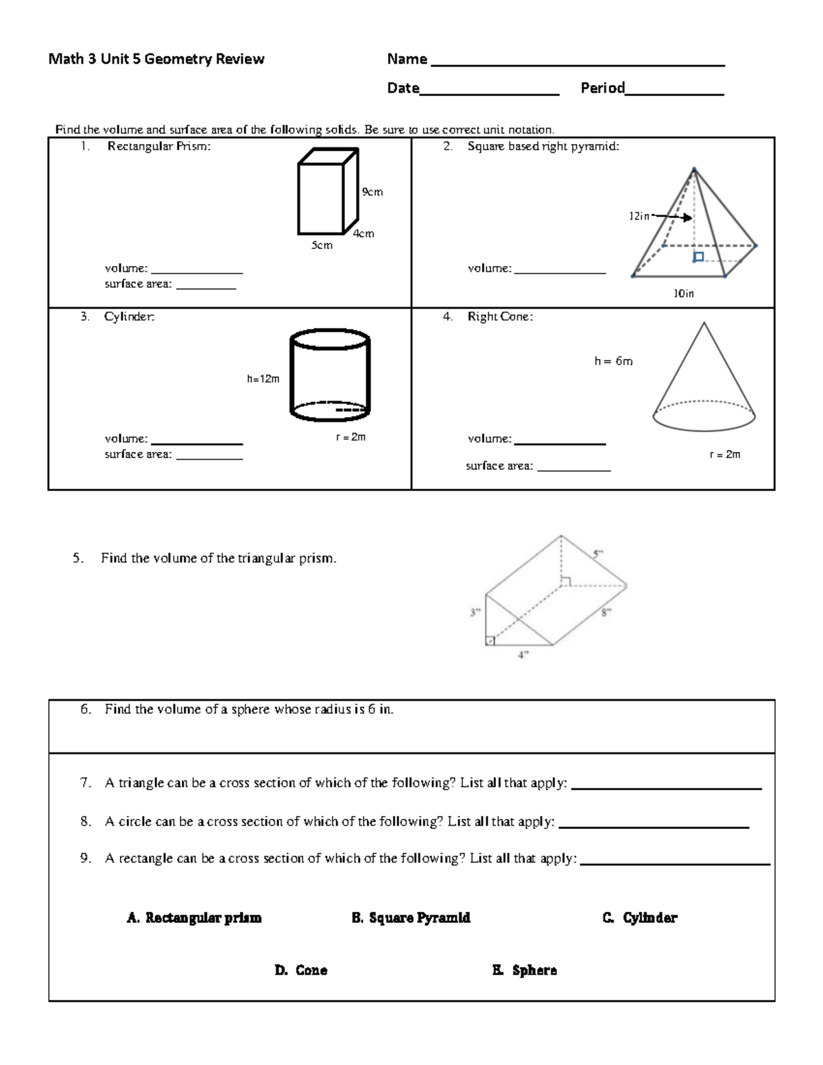 Math 3 Unit 5 Geometry Review: Volume & Surface Area Problems - Studocu