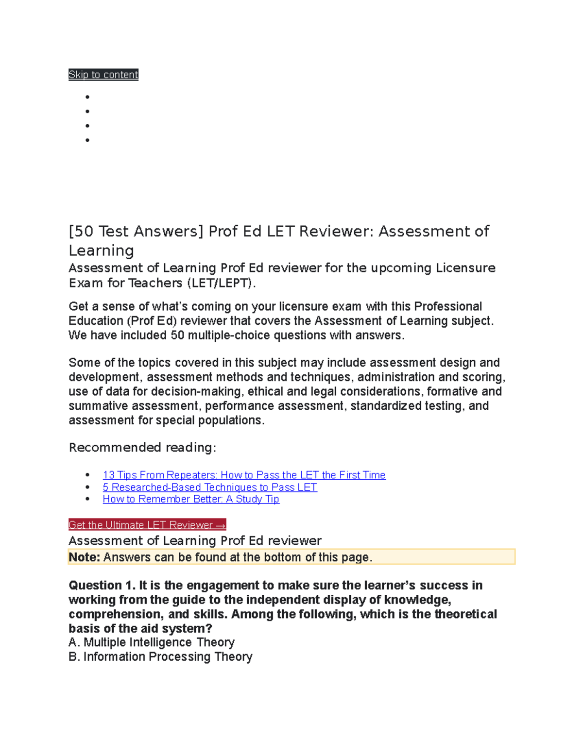 Prof Ed LET Reviewer: 50 MCQs on Assessment of Learning - Studocu