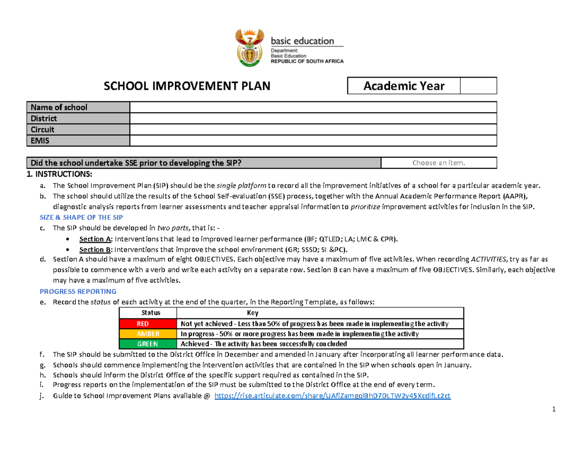 SIP Template: Academic Year Plan for School Improvement - Studocu