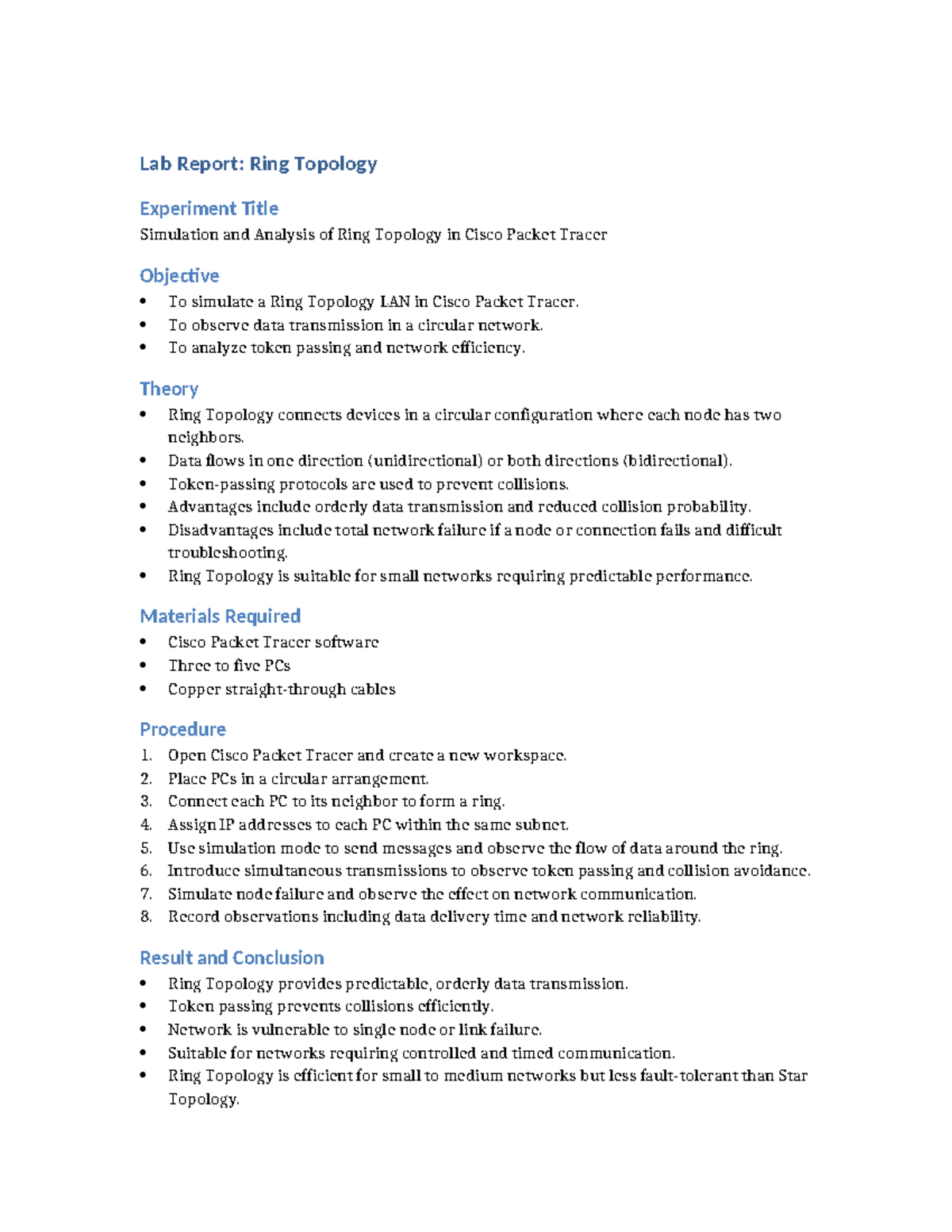 Lab Report: Simulation & Analysis of Ring Topology (CS101) - Studocu