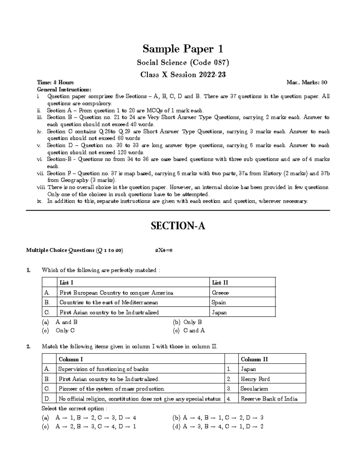 Sample paper - Social Science - CBSE Social Science Class 10 Sample ...