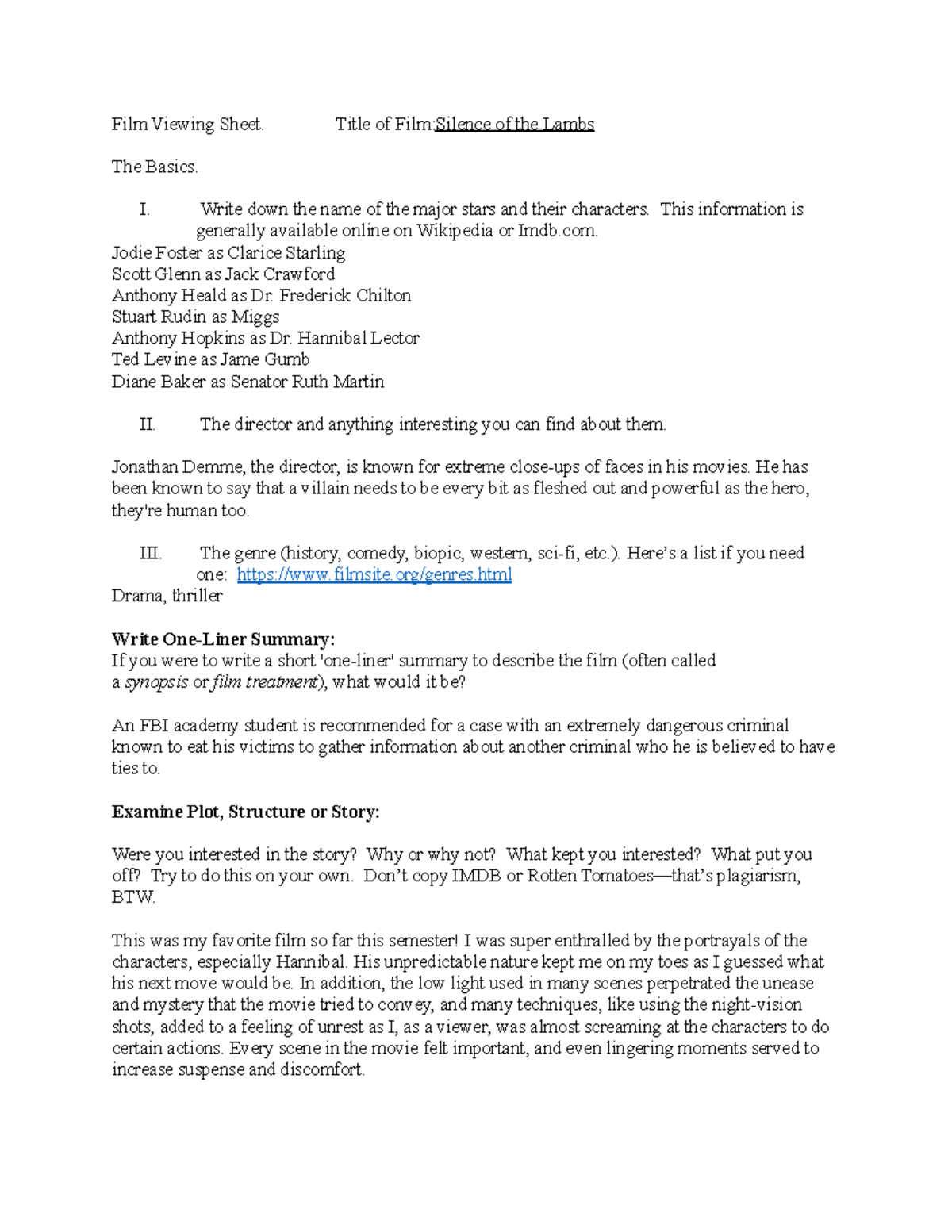 FVSR(1).docx - Ann Hall Final Grade: A - Film Viewing Sheet. Title of ...