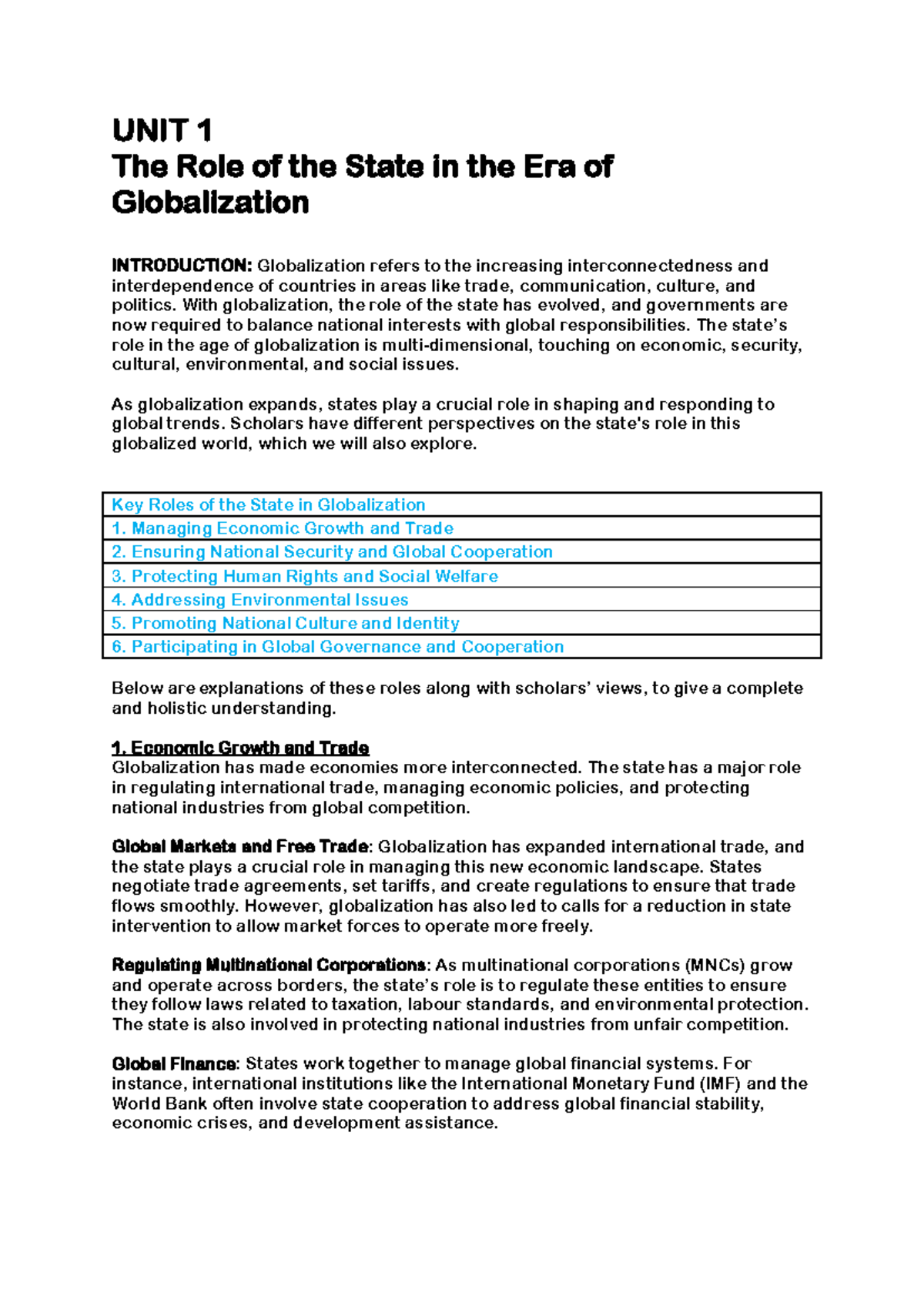 GE UNIT 1 The Role of the State in Globalization: Key Insights and ...