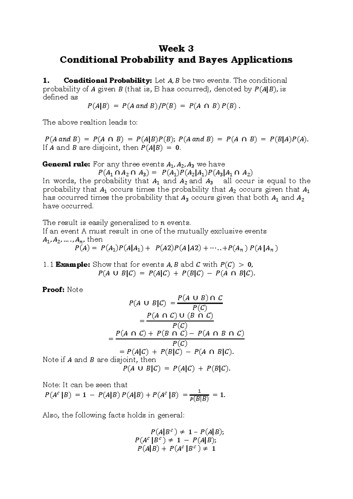 Week 3 - Conditional Probability & Bayes' Theorem Applications - Studocu