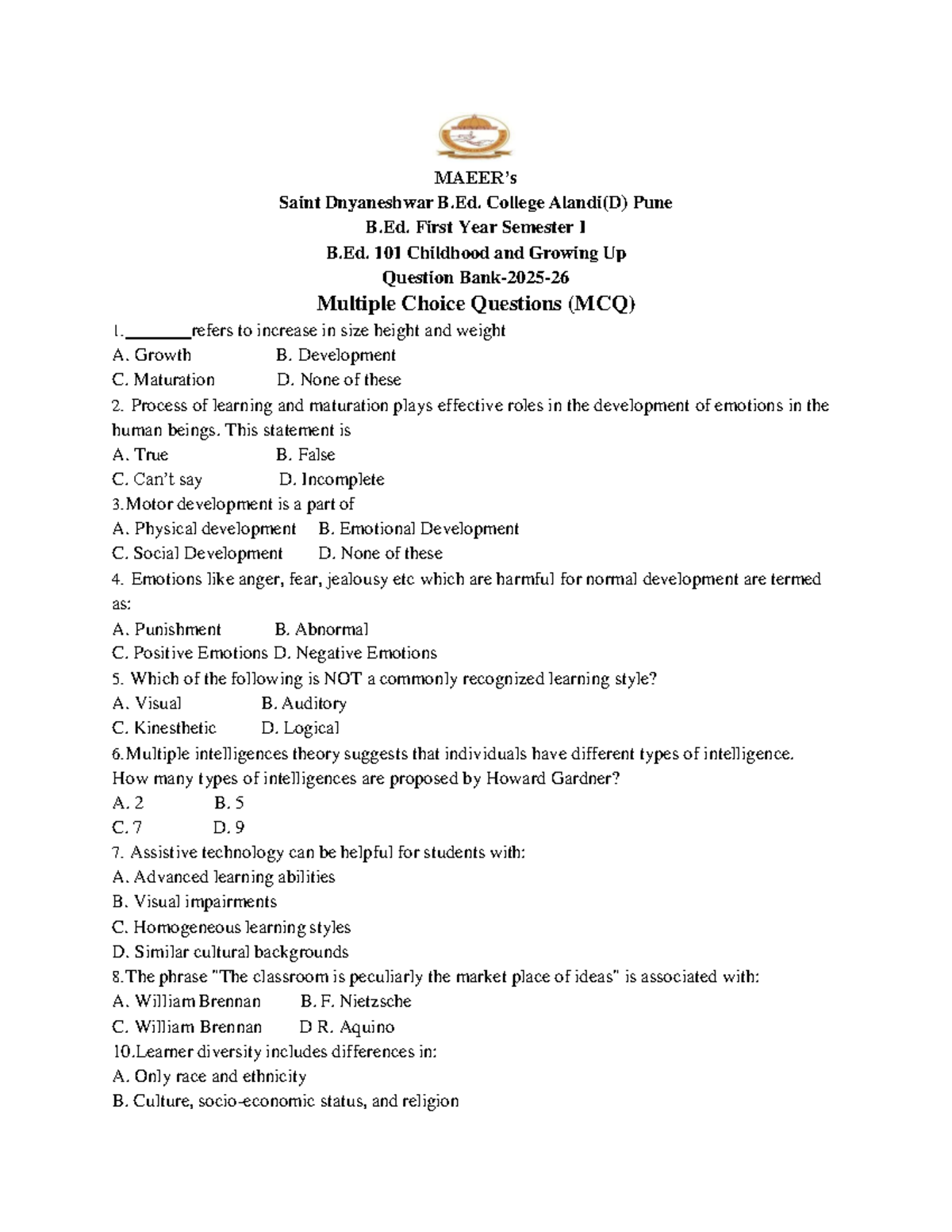 Revised B.Ed. 101 Question Bank for Prelim Exam 2025-26 - Studocu
