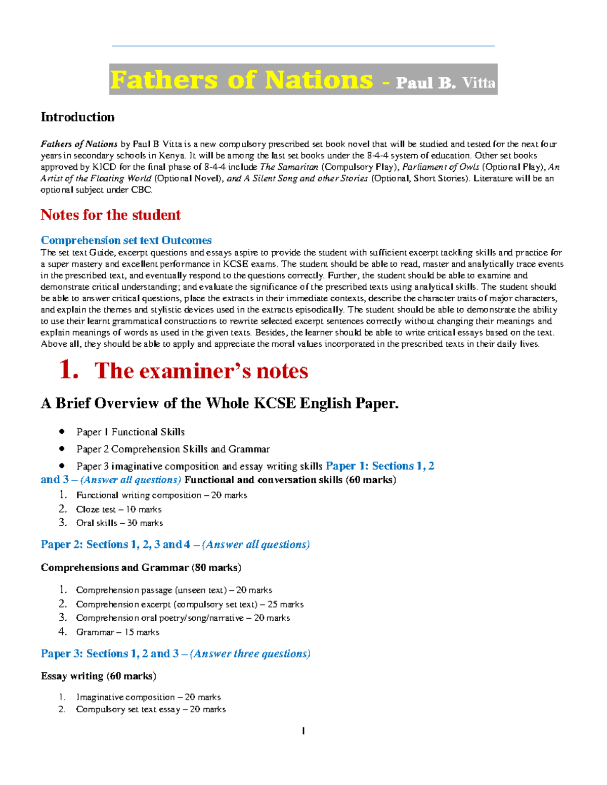 KCSE Literature Study Guide: "Fathers of Nations" by Paul B. Vitta ...