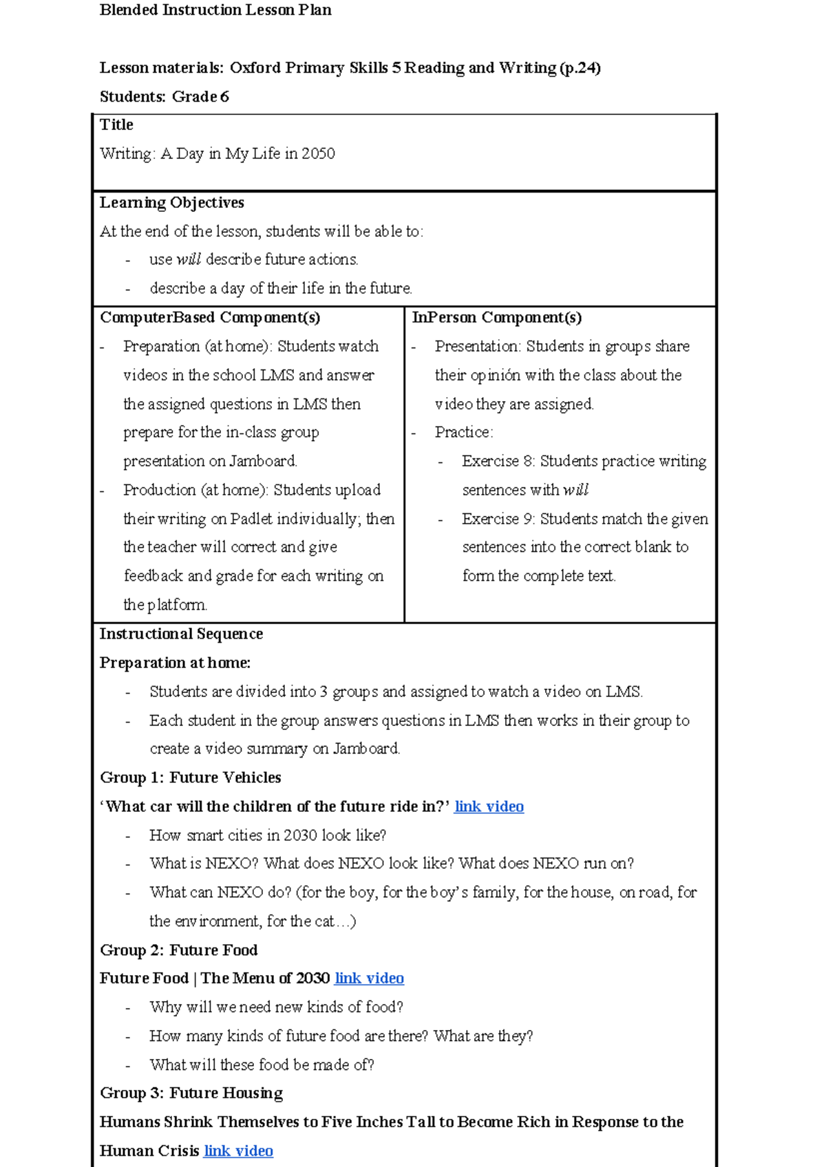 Blended Instruction Lesson Plan: Grade 6 Future Life Writing - Studocu