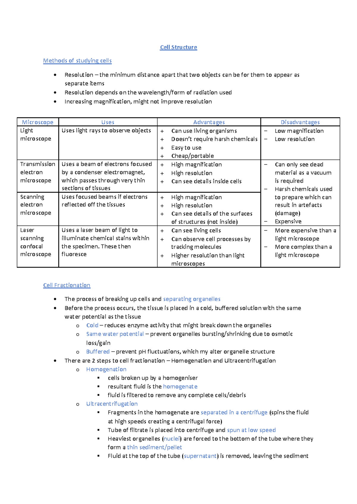 Cell Structure and Function: Methods of Study and Analysis - Studocu
