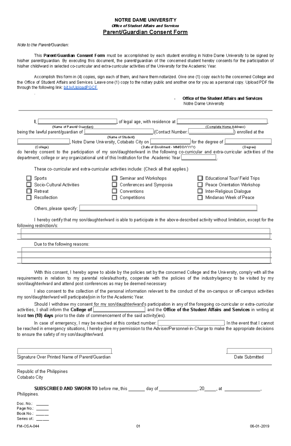 Notre Dame University Consent Form for Student Activities 2023-2024 ...