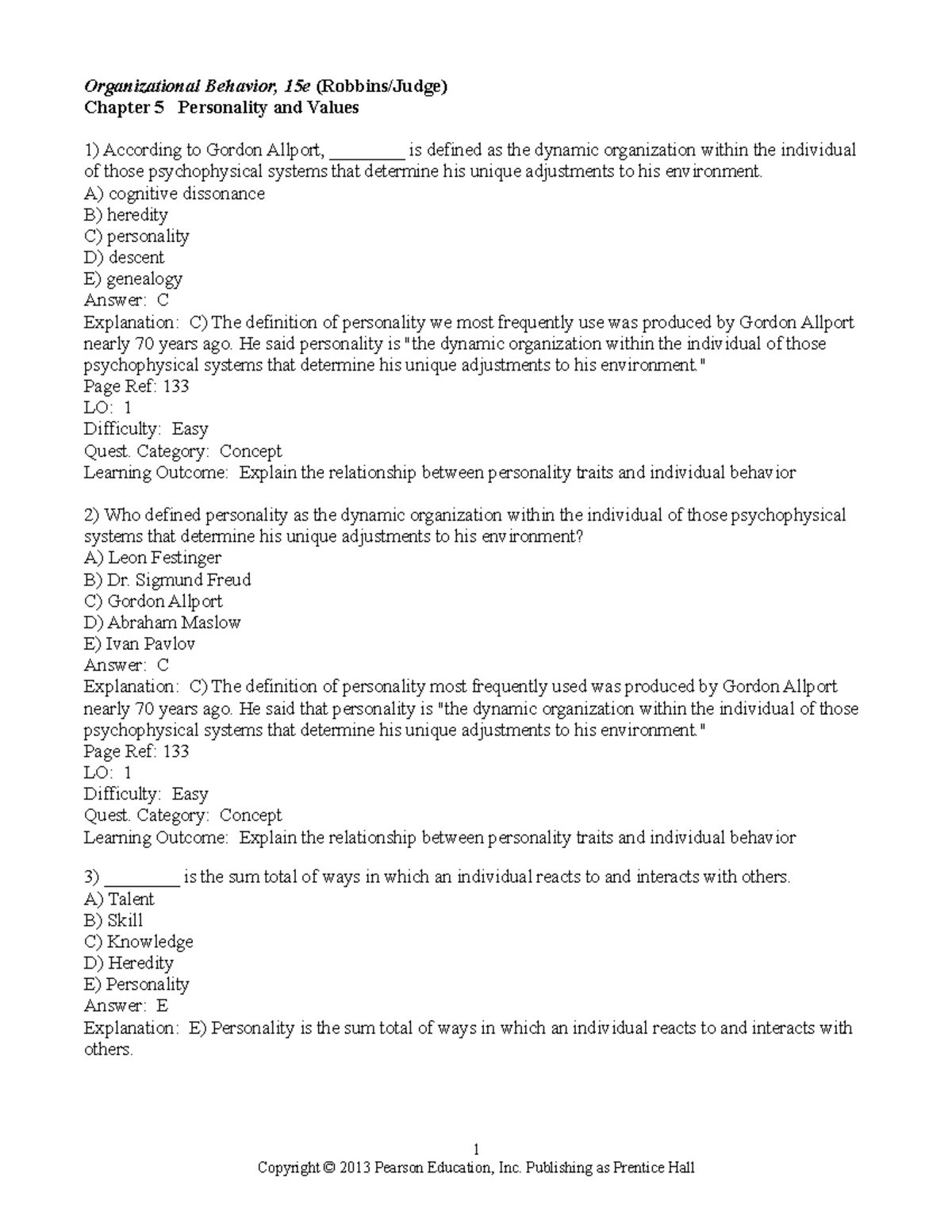 Chapter 5 - Testbank: Exploring Personality and Values in Org Behavior ...