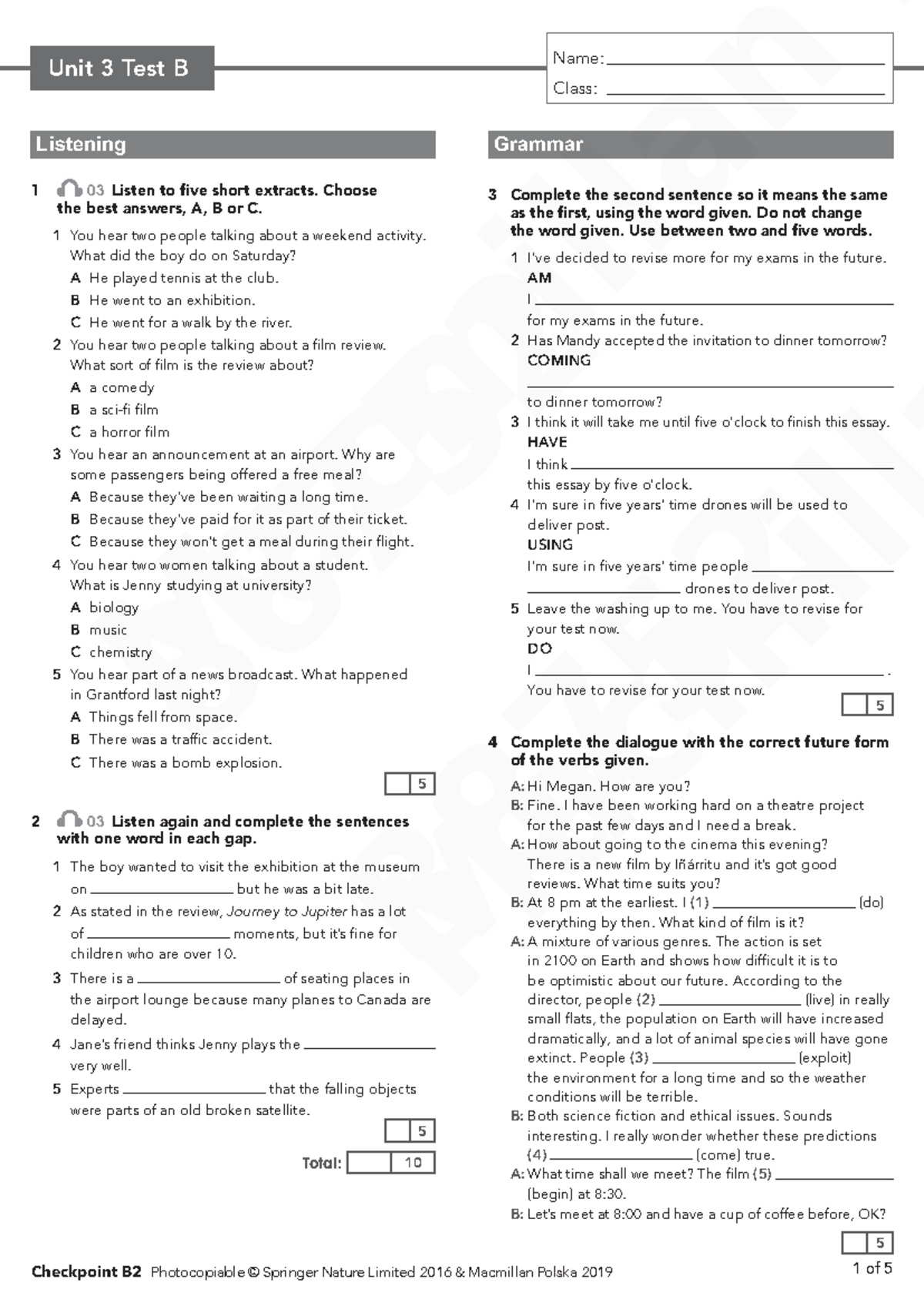Checkpoint B2 Unit 3 Listening & Grammar Test B - Studocu