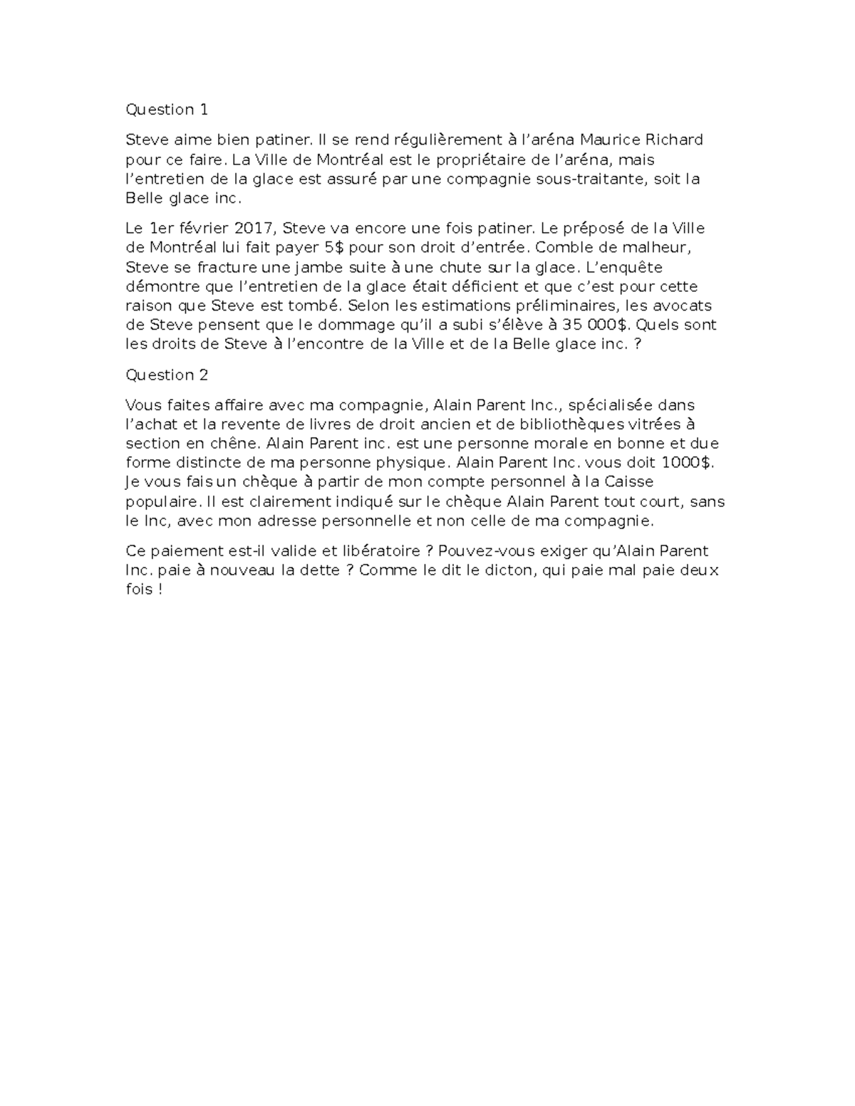 Exercices Cours 8 Obligation 3: Responsabilités et Paiements - Studocu