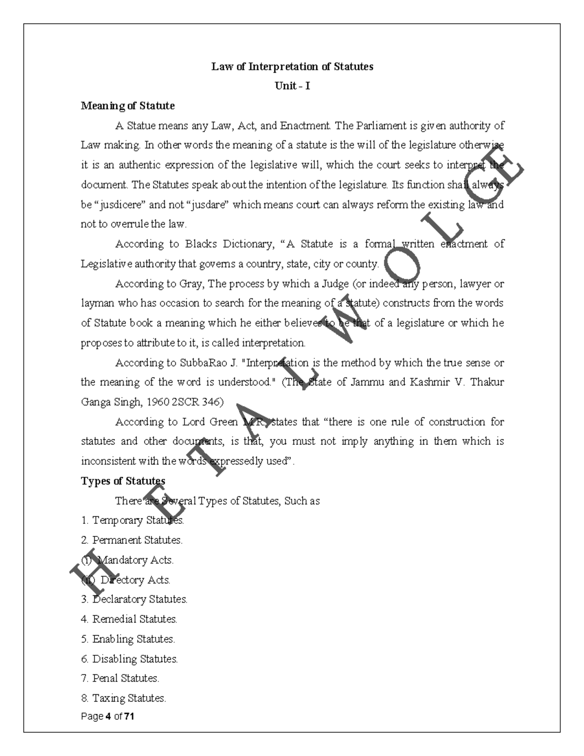 Law of Interpretation of Statutes (Unit I) - Meaning and Types - Studocu
