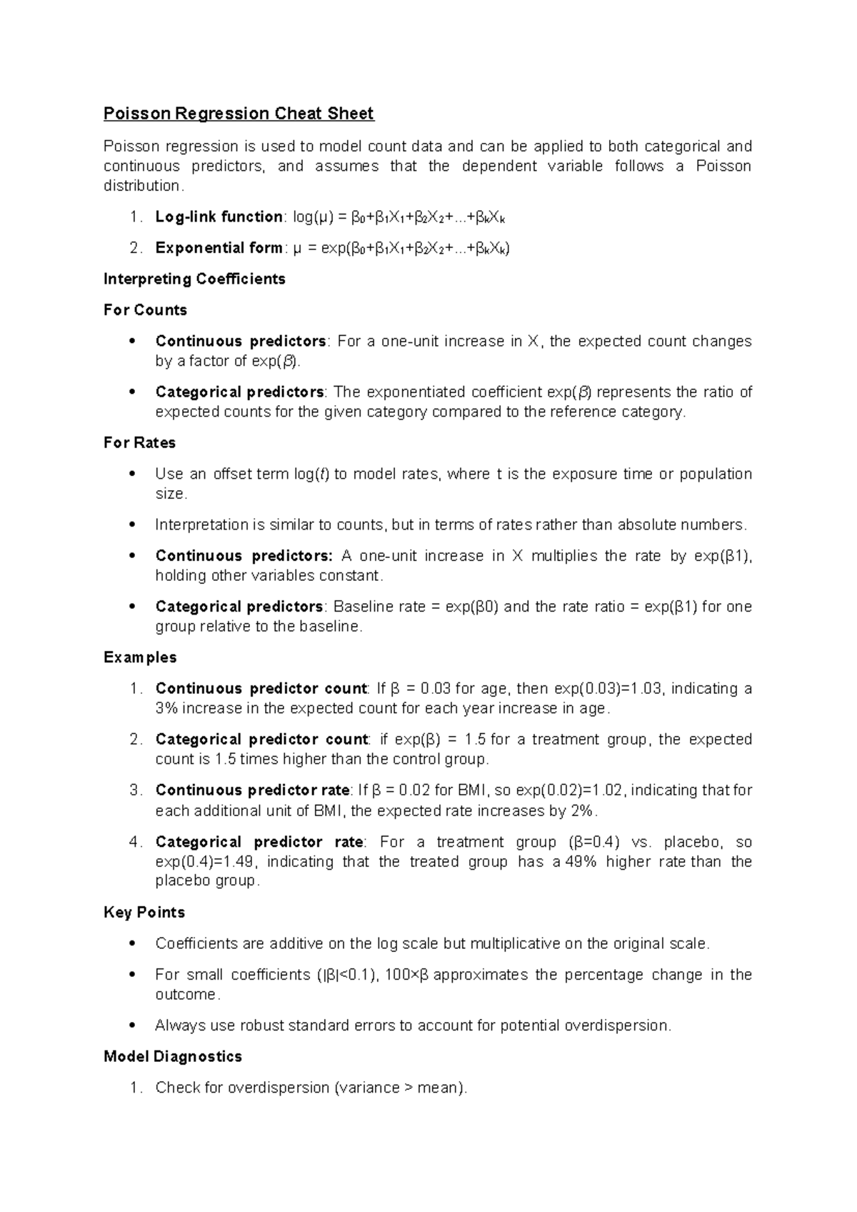 Poisson Regression Cheat Sheet for Statistical Analysis (STAT 201 ...