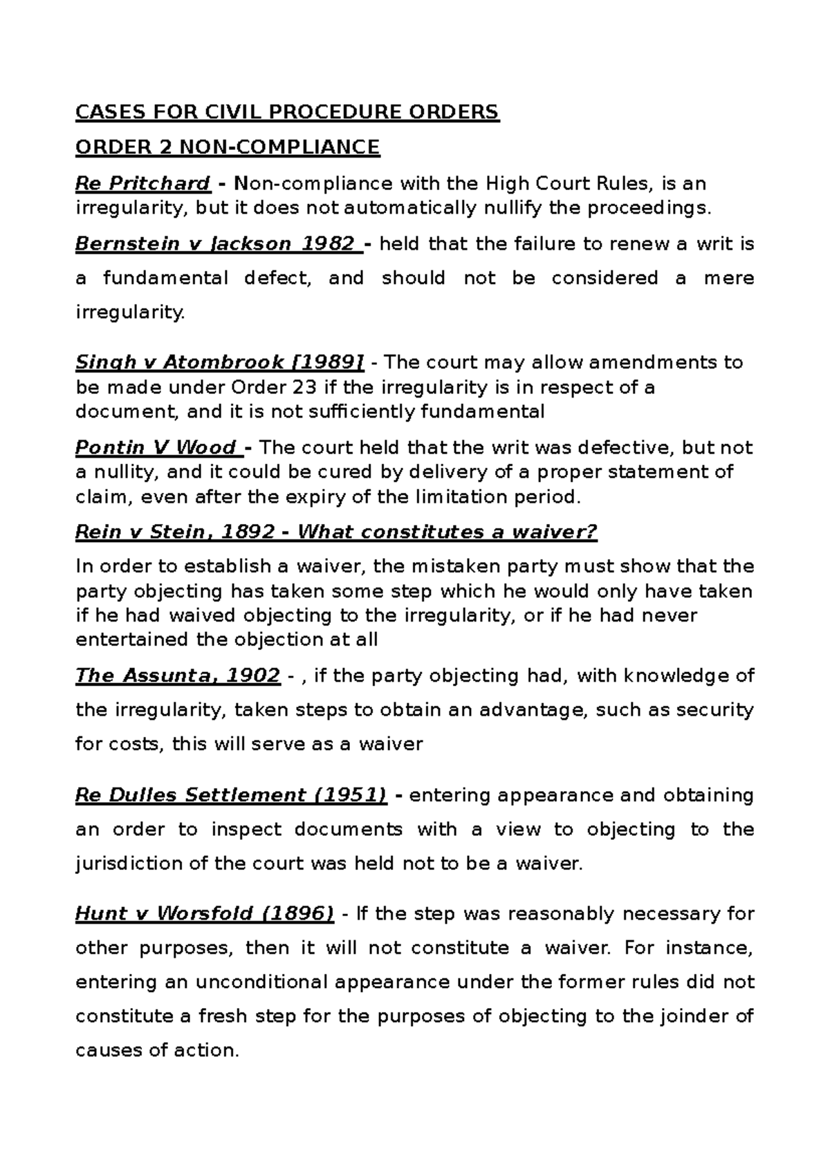 Civil Procedure Summaries: Key Cases and Orders Overview - Studocu