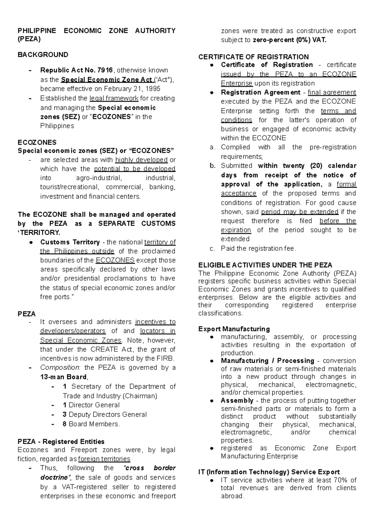 PEZA Tax Guidelines and Incentives Overview for Enterprises - Studocu