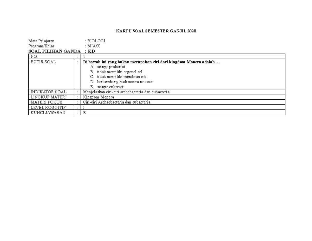 Kartu SOAL Semester Ganjil (Pilihan Ganda) - Mata Pelajaran : BIOLOGI Program/Kelas : MIA/X SOAL ...