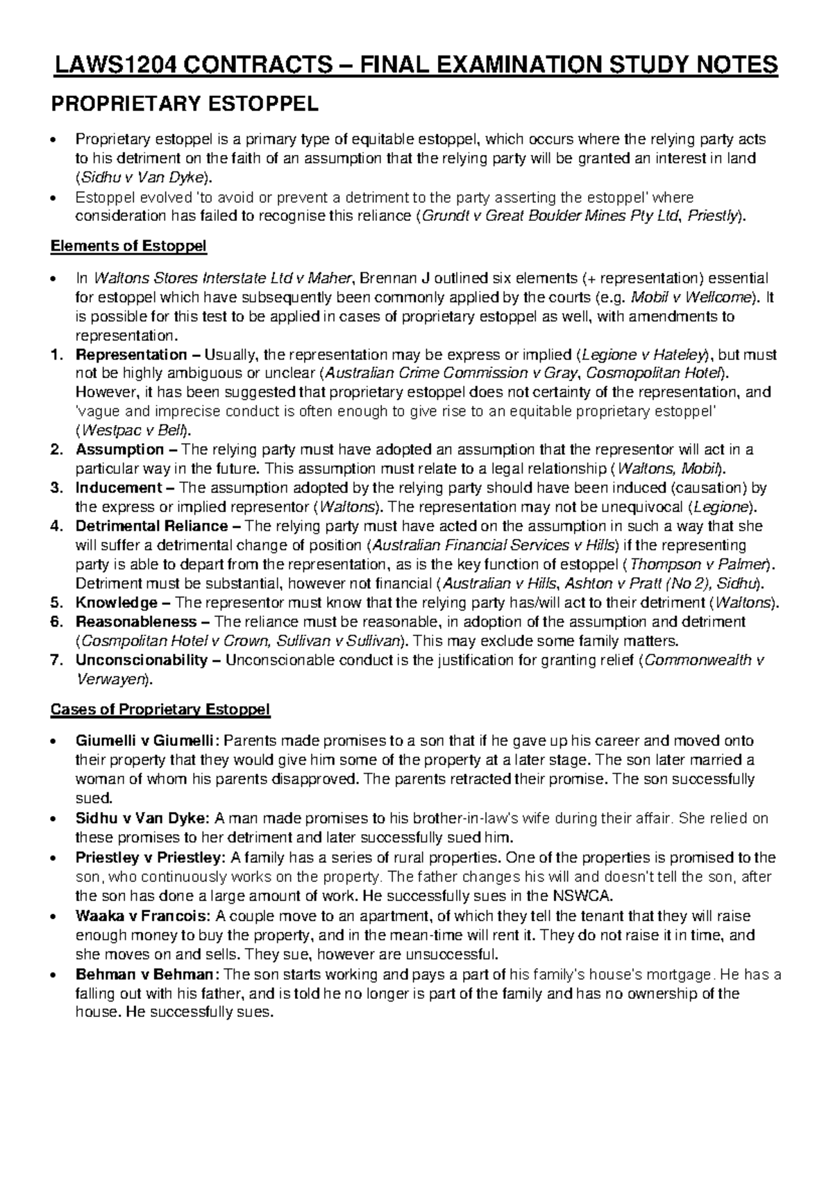 LAWS1204 CONTRACTS FINAL EXAM STUDY NOTES ON PROPRIETARY ESTOPPEL - Studocu