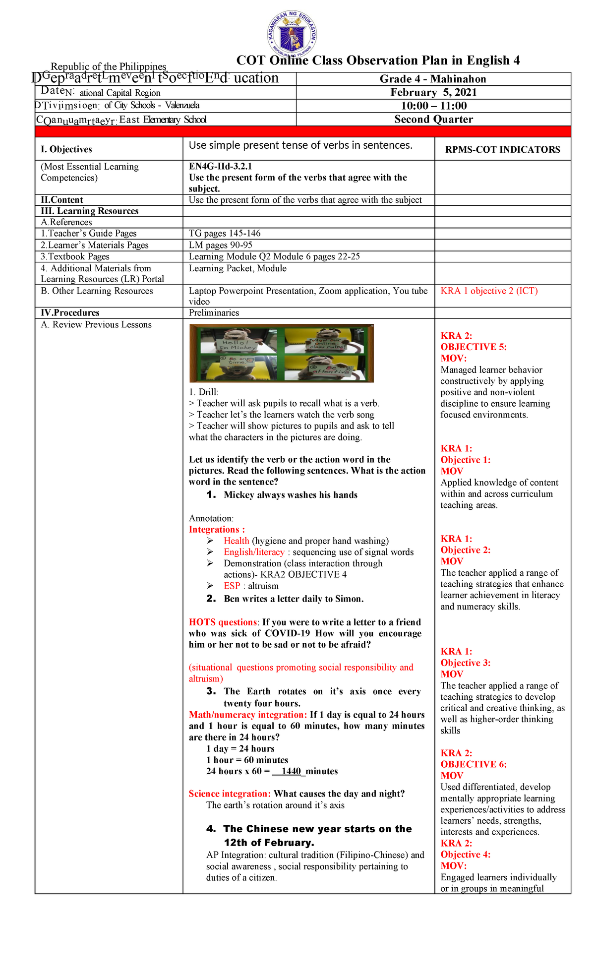COT Online Class Observation Plan: English 4 Lesson Overview - Studocu