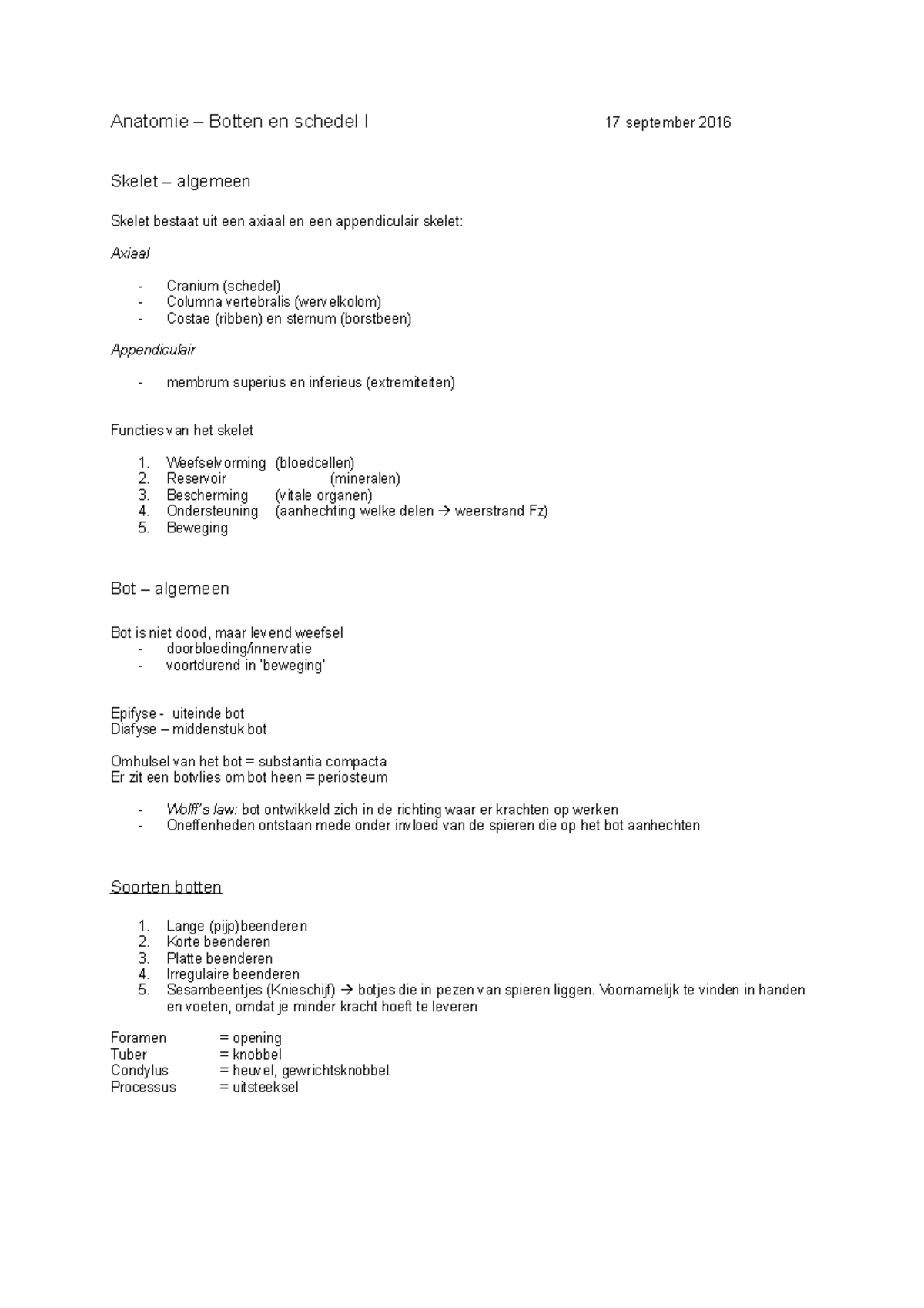 Anatomie Lesnotities - Botten en Schedel I (Anatomie 101) - Studeersnel