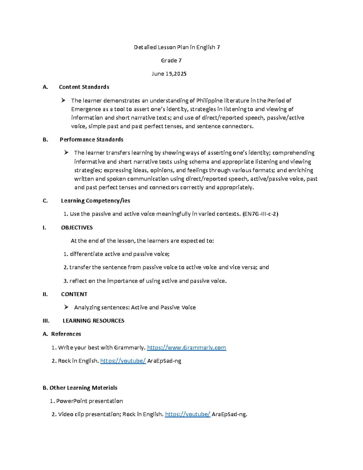 Detailed Lesson Plan in English 7: Active and Passive Voice - Studocu