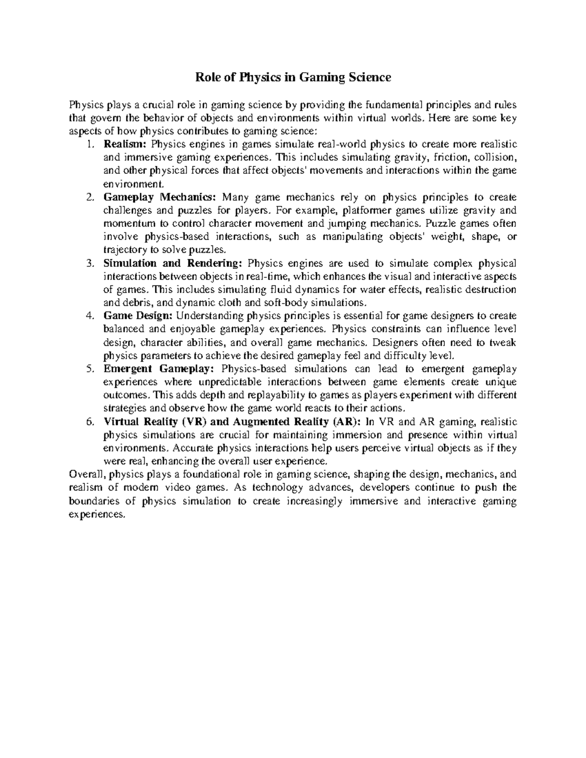 Gaming Science - Role of Physics in Gaming Science Physics plays a ...