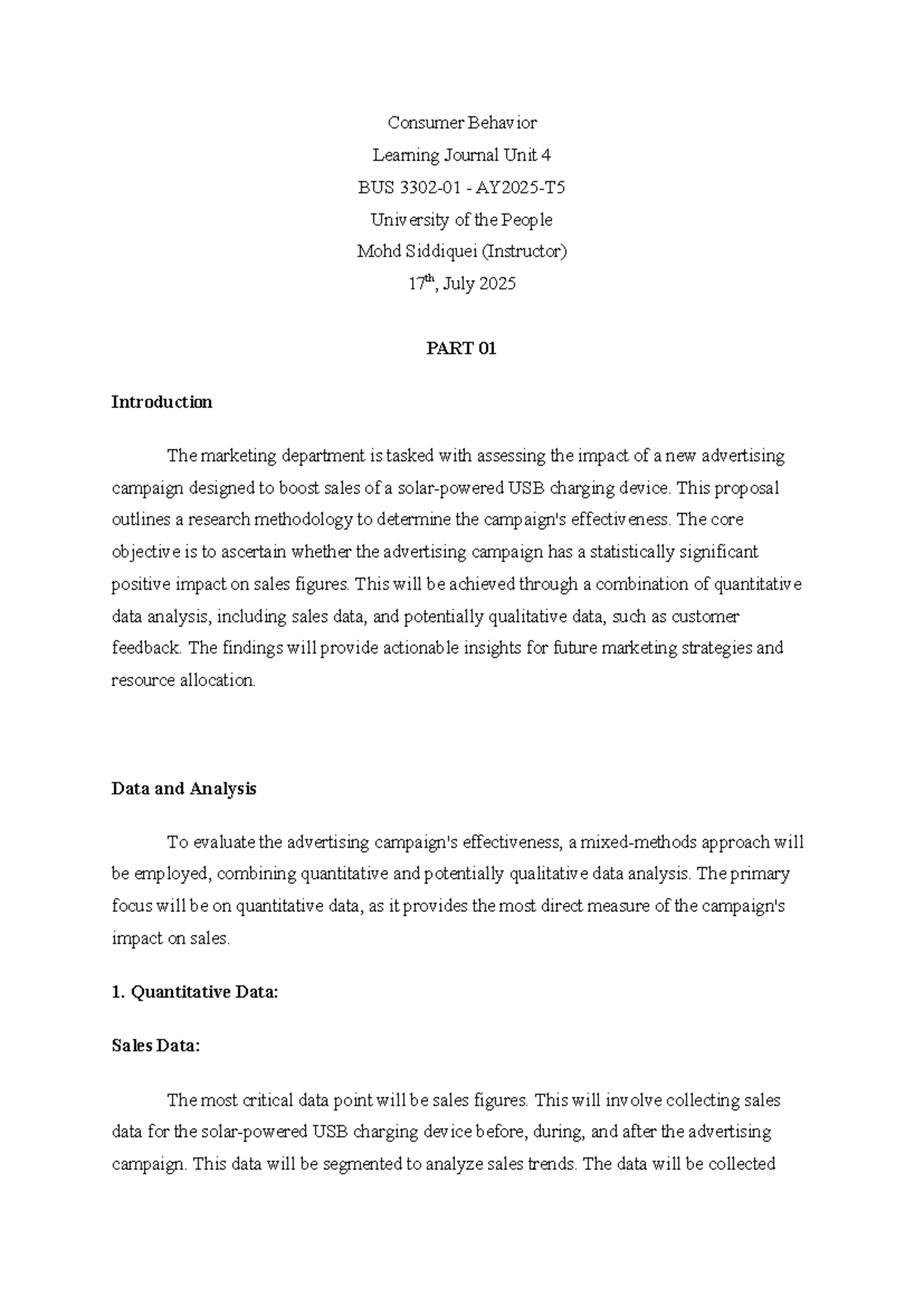 BUS 3302 Consumer Behavior Learning Journal: Evaluating Ad Campaign ...