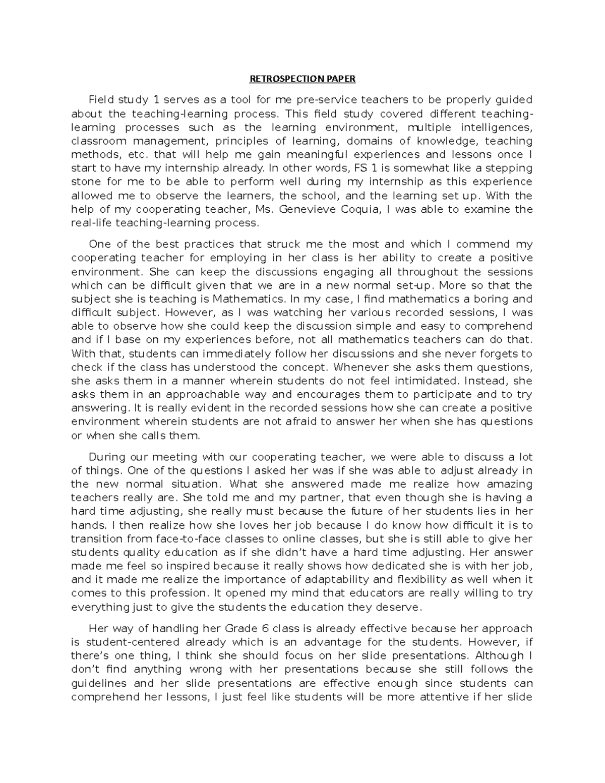 FS 1 Retrospection Paper: Insights from my Teaching Observation - Studocu