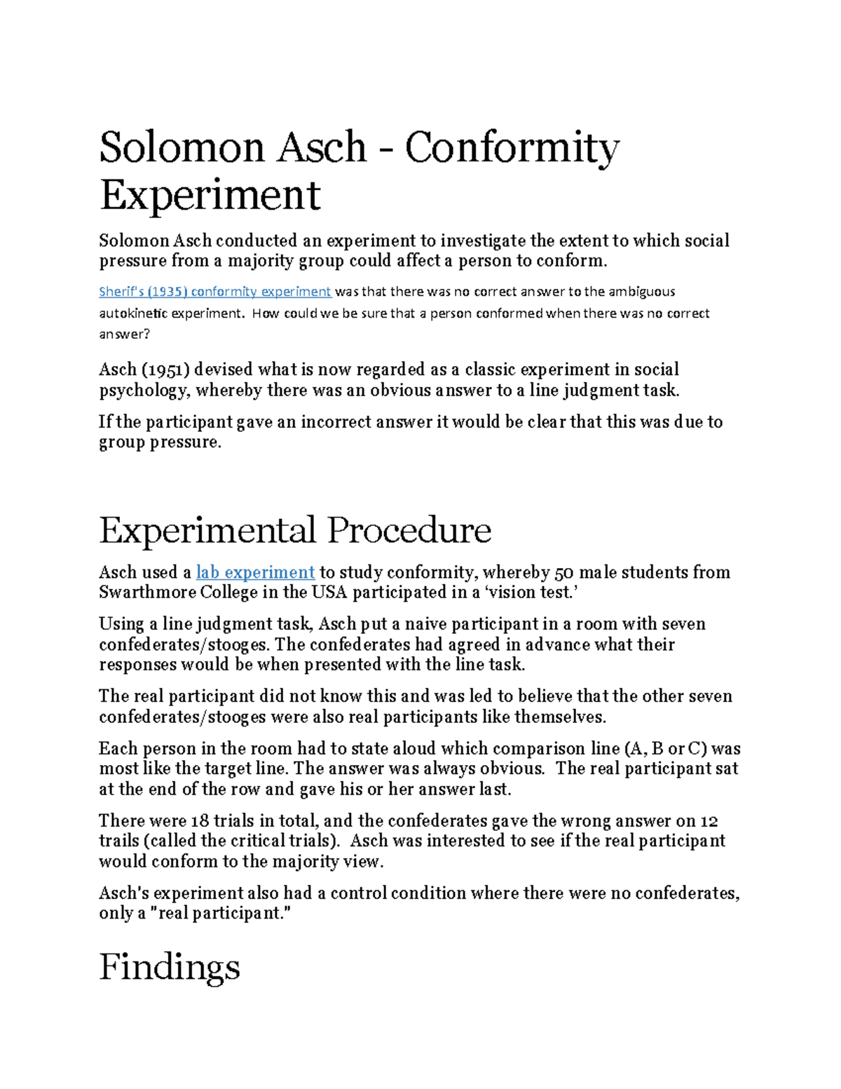 Module 8: Asch's Conformity Experiment in Social Psychology - Studocu