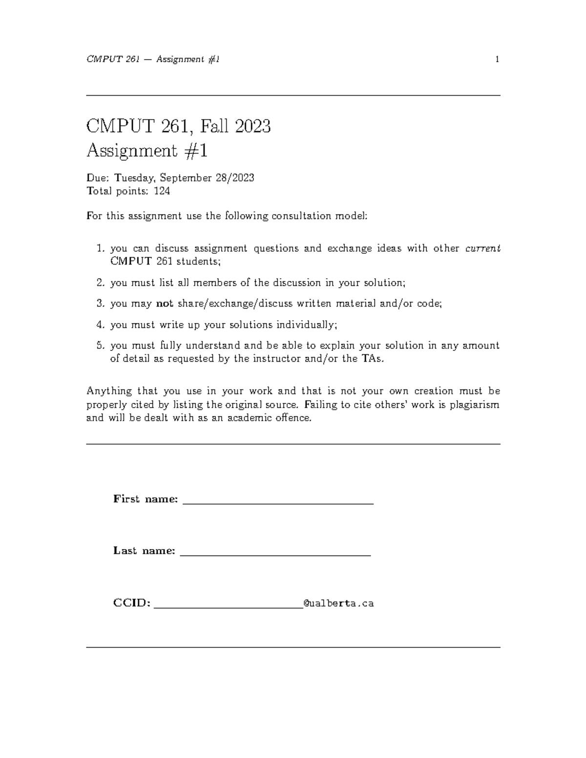 Assignment 1 - CMPUT 261 - CMPUT 261, Fall 2023 Assignment Due: Tuesday, September 28/ Total ...