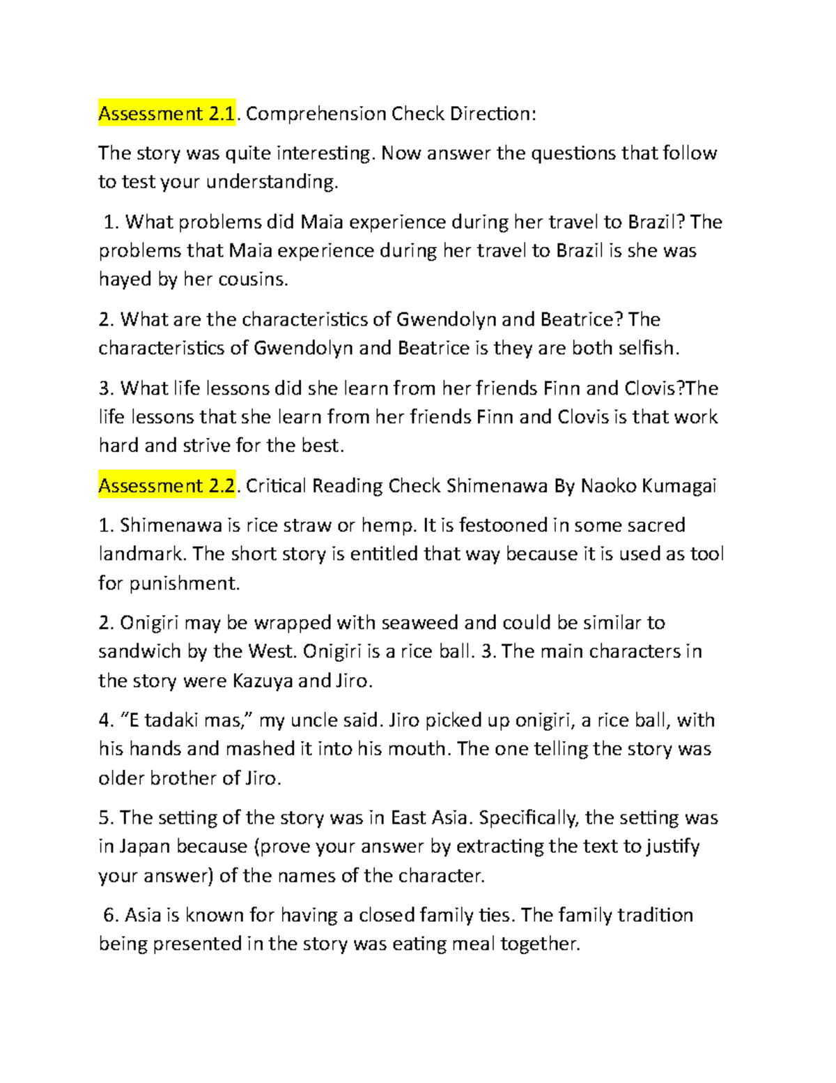 Assessment 2 - History Comprehension and Critical Reading Check - Studocu