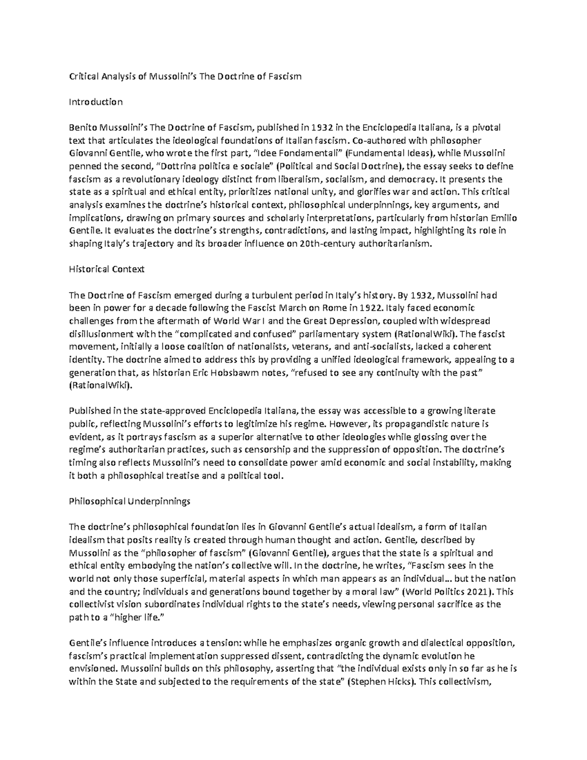 Critical Analysis of The Doctrine of Fascism (HIST 202) - Studocu
