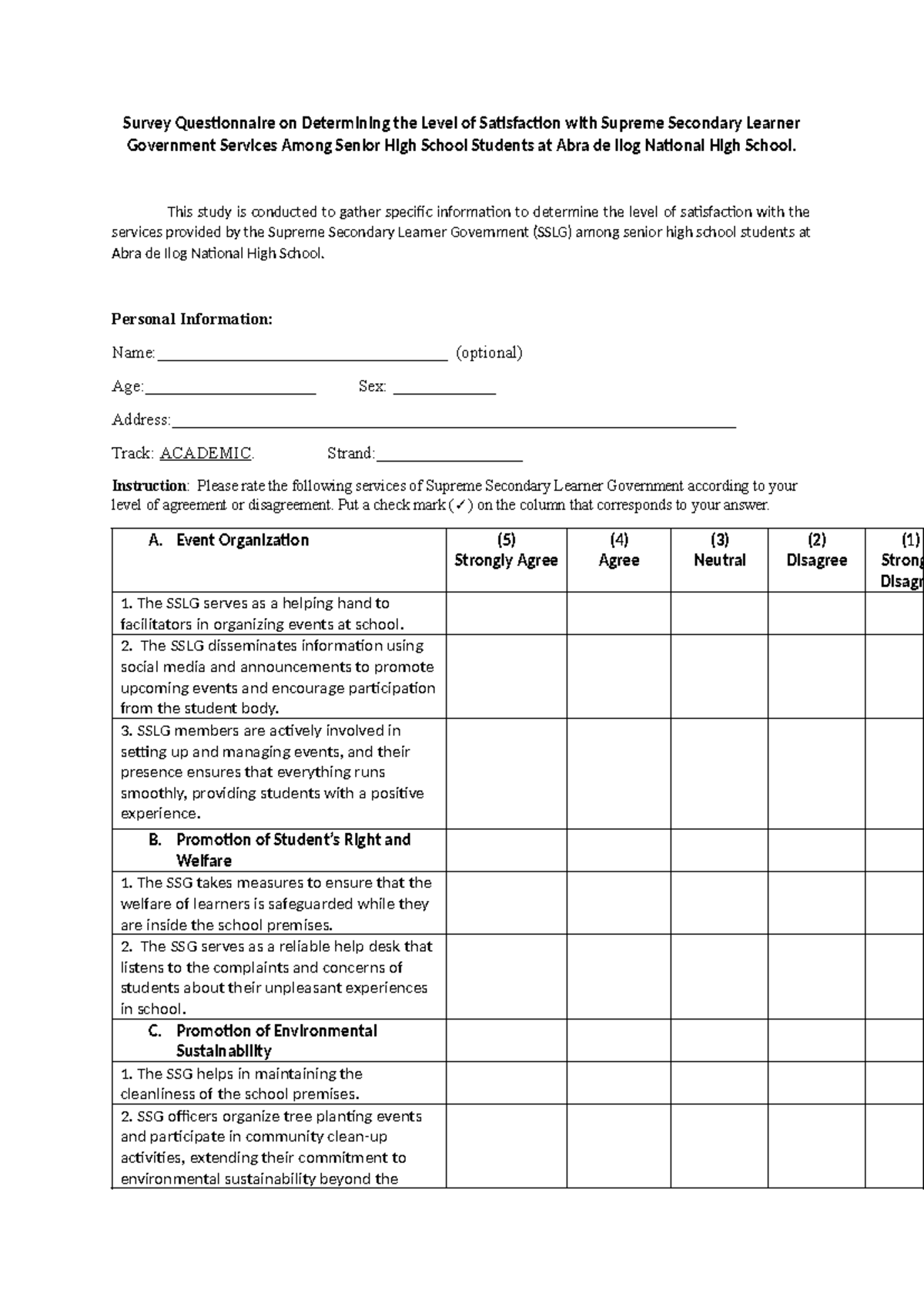 RES- Survey on Senior High School Satisfaction with SSLG Services - Studocu