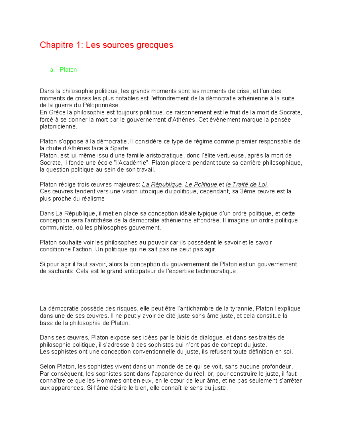 Chapitre 1: Les Sources Grecques - Notes de Cours sur Platon et ...