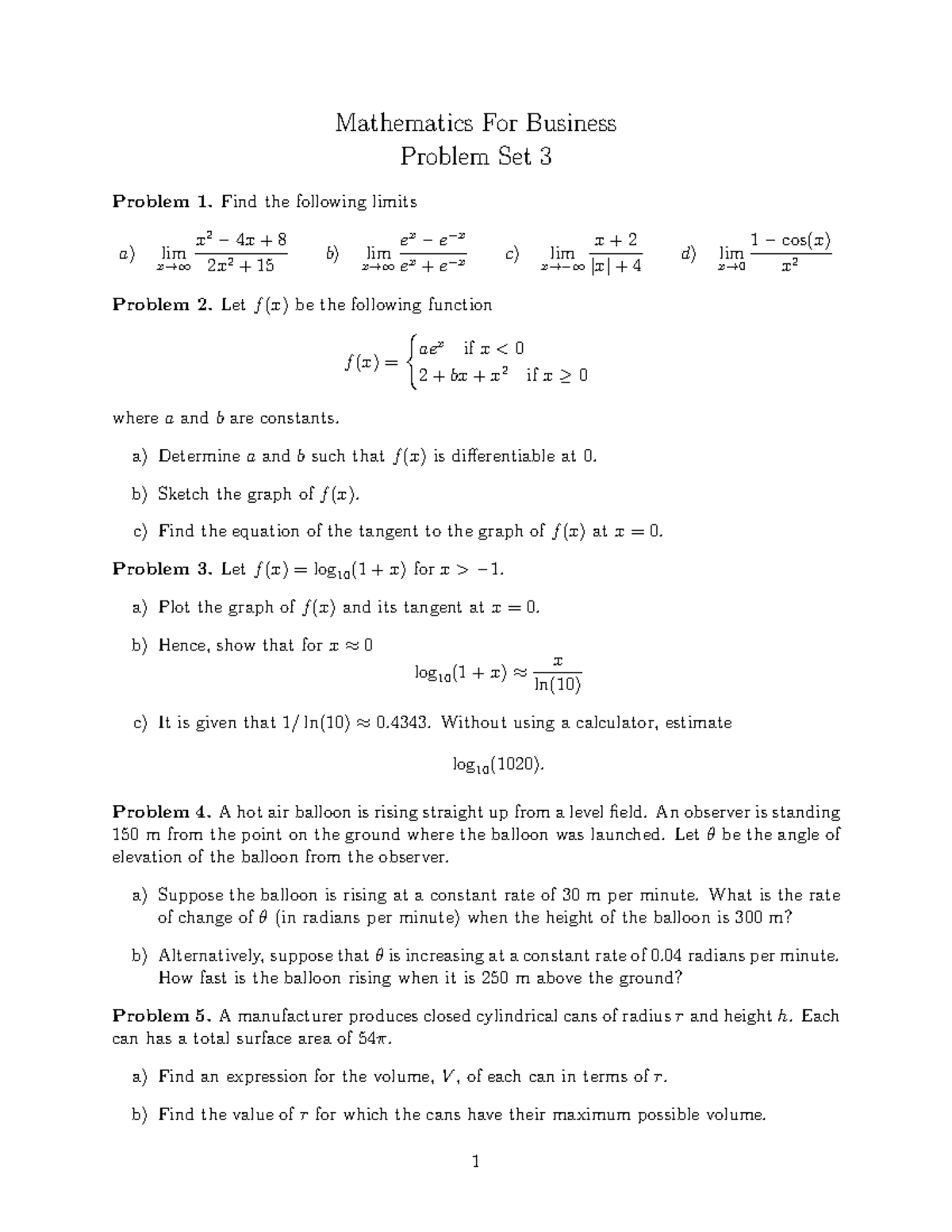 Mathematics for Business Exercise MB Chap 3 Problem Set - Studocu