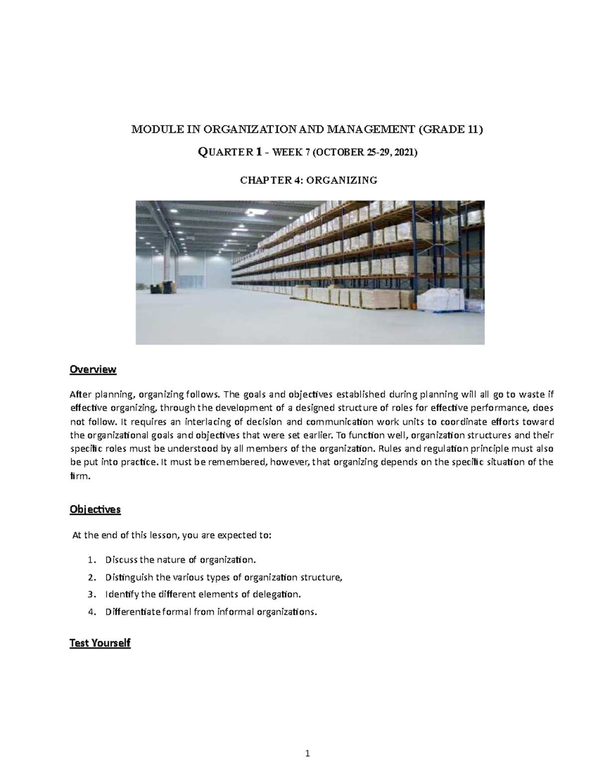 Lecture Notes 1: Organizing in Organization & Management (Grade 11 ...