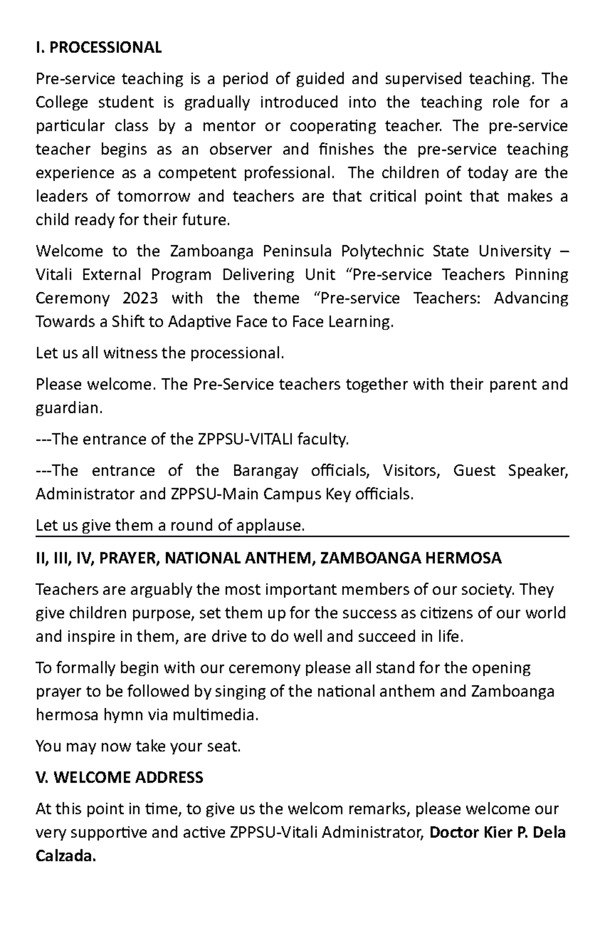 Masters of Ceremony Script for Pre-service Teachers Pinning Ceremony ...