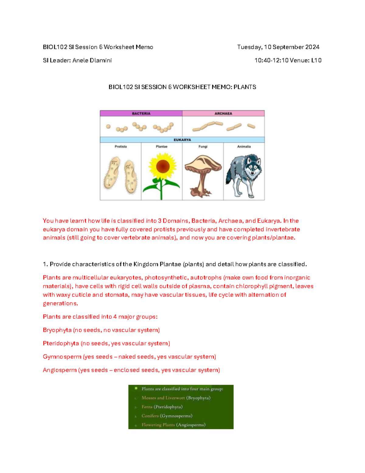 BIOL102 SI Session 6 Worksheet Memo: Plant Classification & Evolution - Studocu